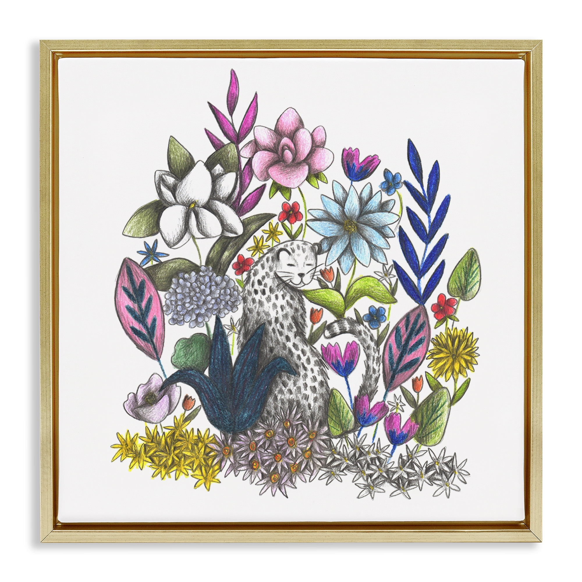 Leopard in Midst of Flowers Gold Framed Floater Canvas Wall Art, design ...