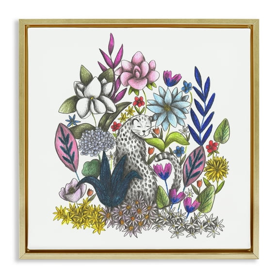 Leopard in Midst of Flowers Gold Framed Floater Canvas Wall Art, design ...