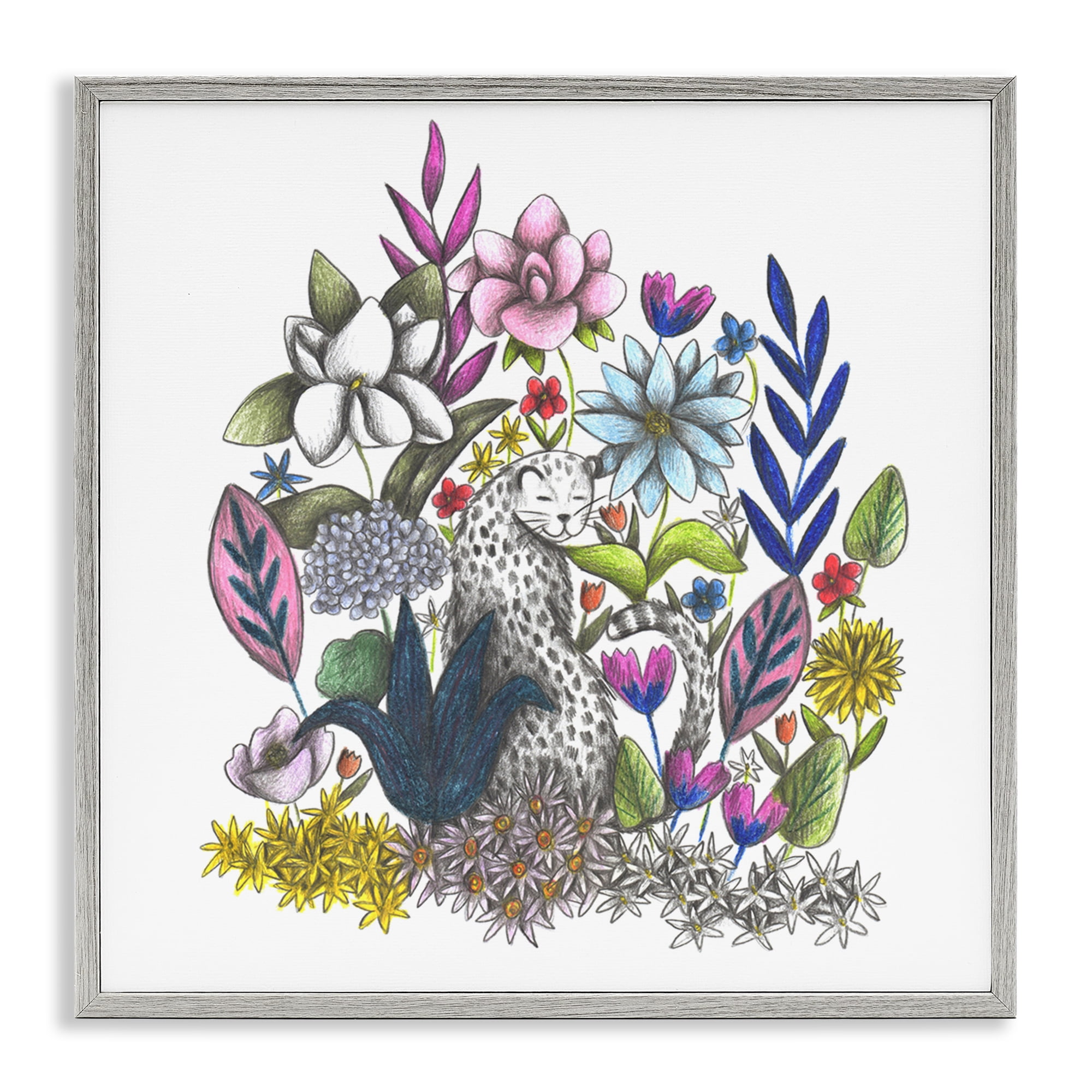 Leopard in Midst of Flowers Gray Framed Giclee Art, design by Cecilia ...