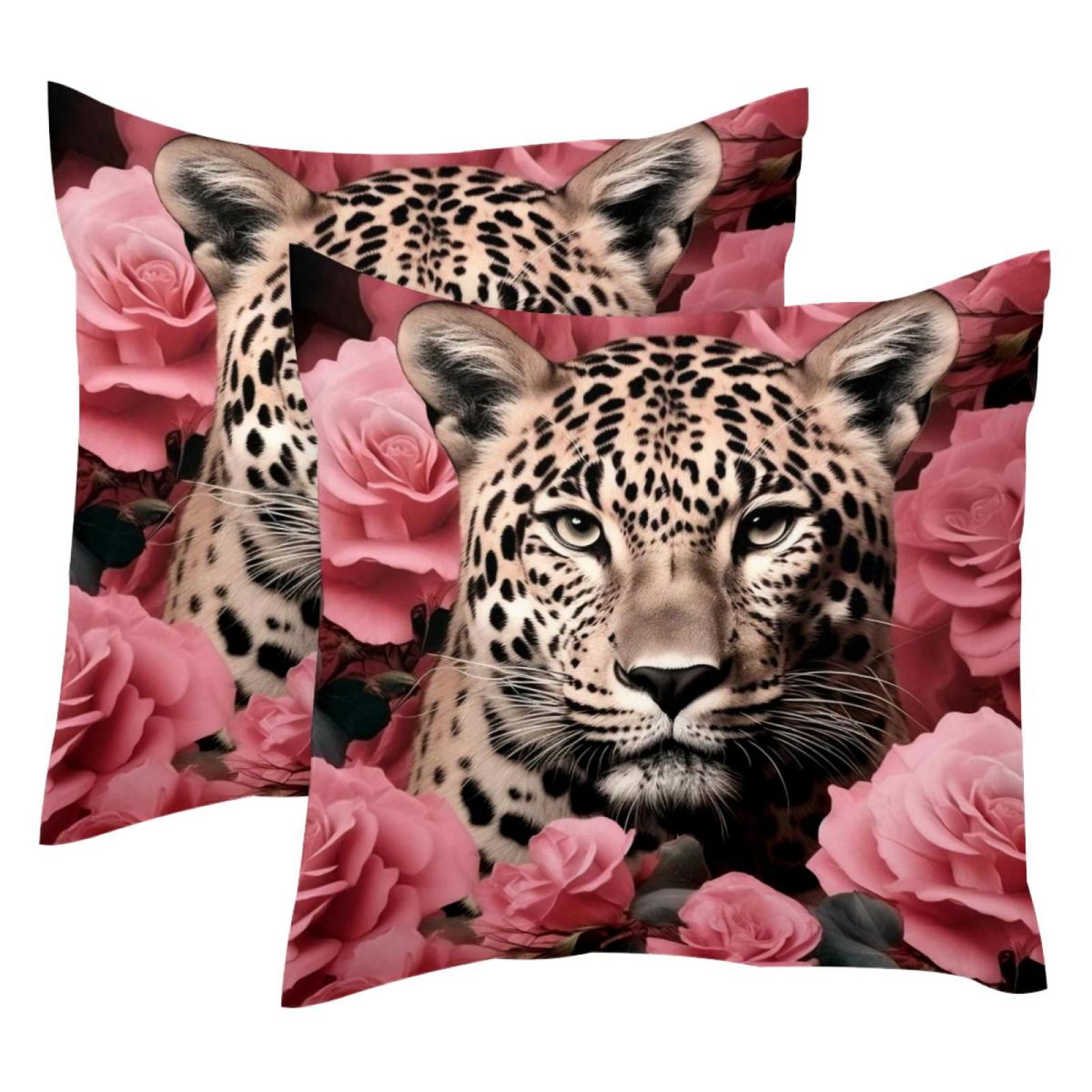 Leopard in Rose Flower Pack of 2 Pillow Covers 18x18 Inch, Farmhouse ...