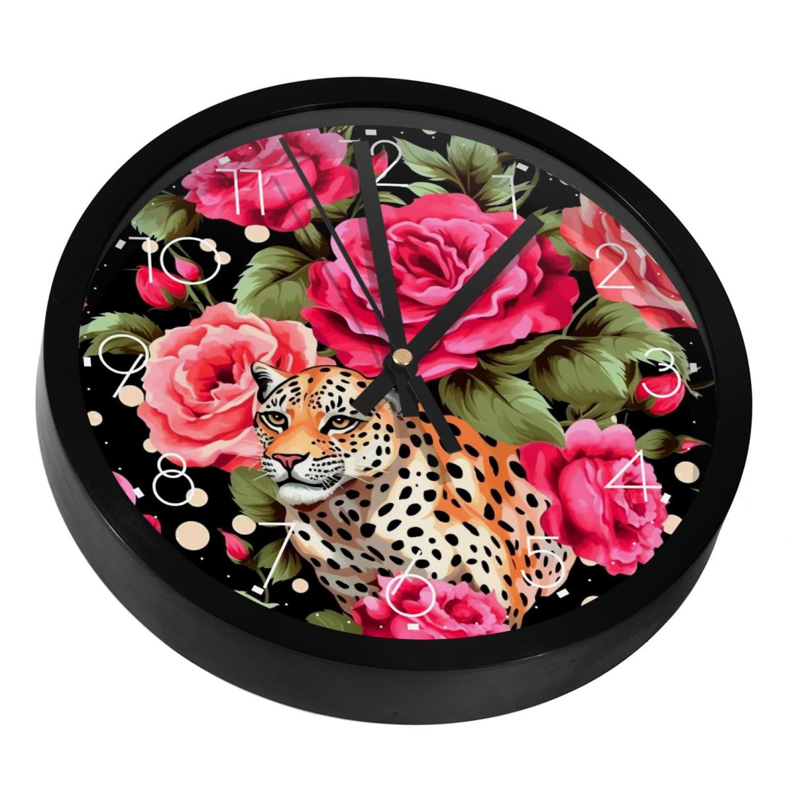 Leopard in Rose Flower Silent Wall Clock, Non Ticking Battery Operated 9.8 Inch Wall Clocks for ...
