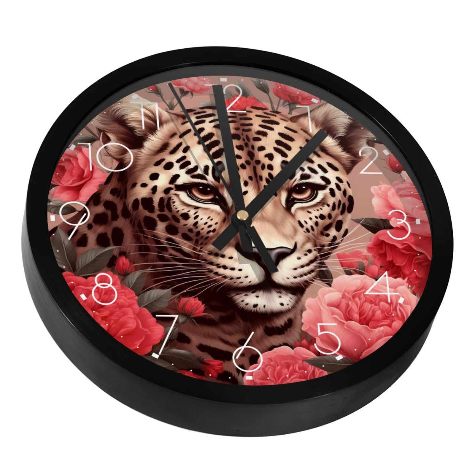 Leopard in Rose Flower Silent Wall Clock, Non Ticking Battery Operated ...