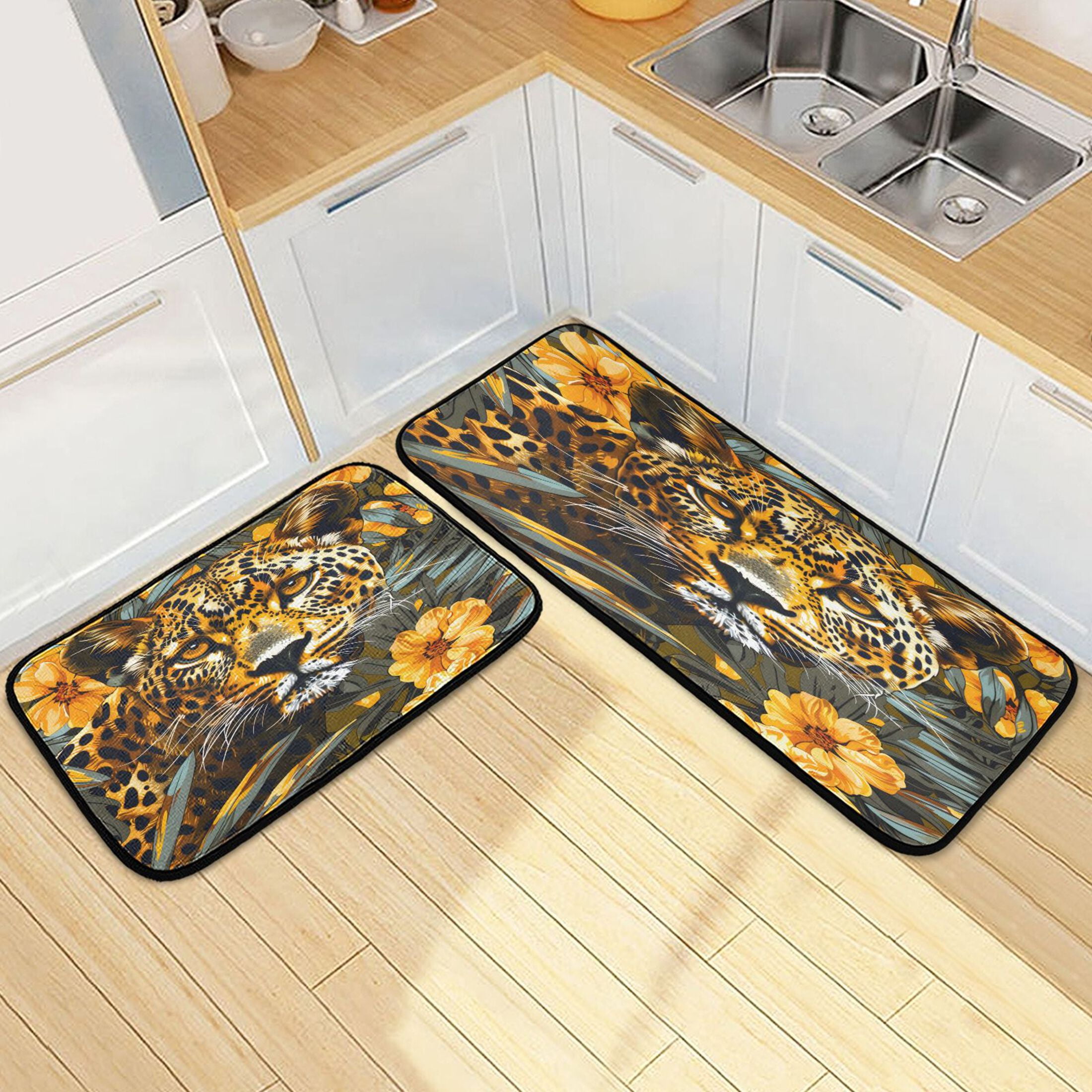 Leopard on Tropical Leaf Kitchen Rugs Set Non Slip Mats Runner for ...