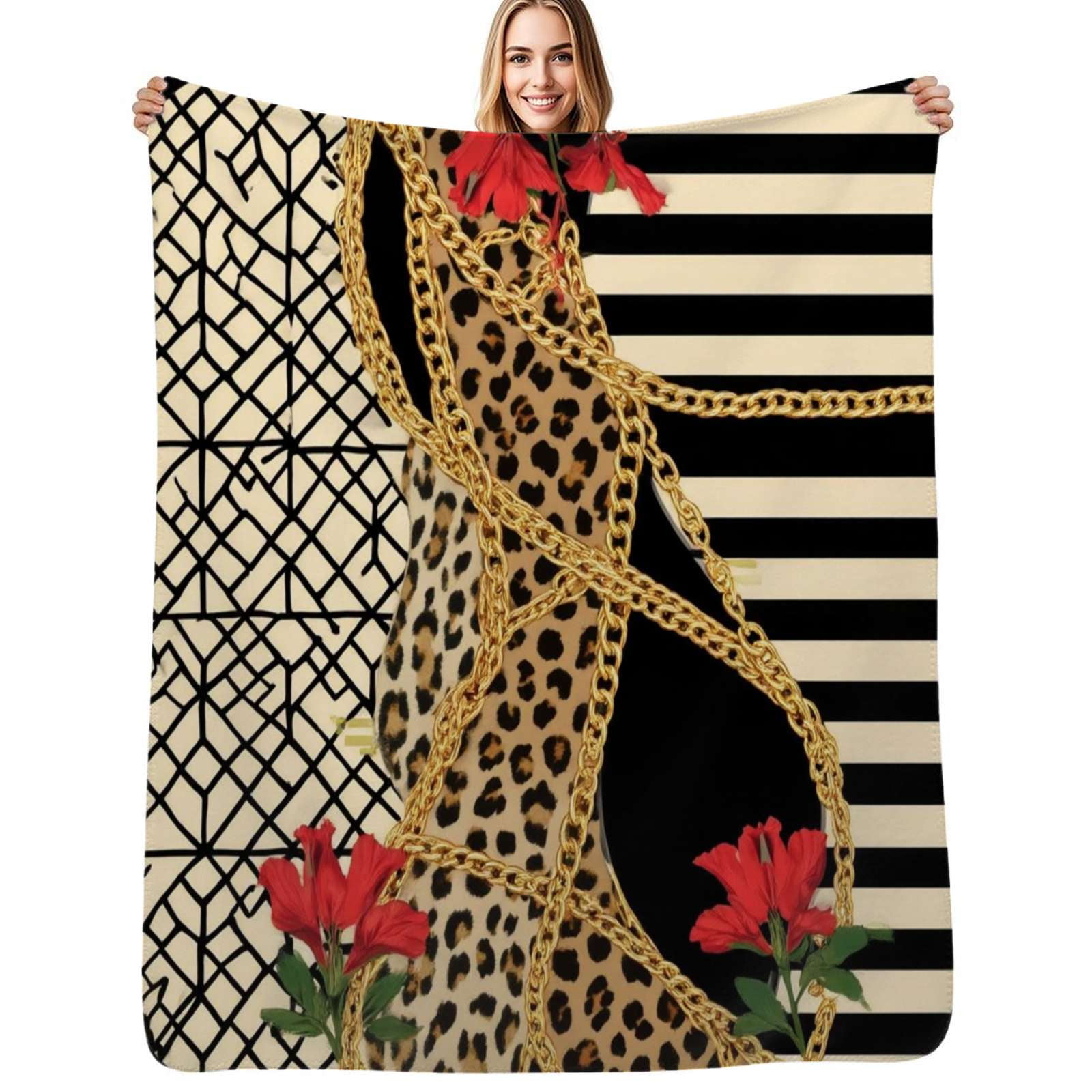 Leopard print gold chains flowers stripes Flannel Blankets Soft Throw ...