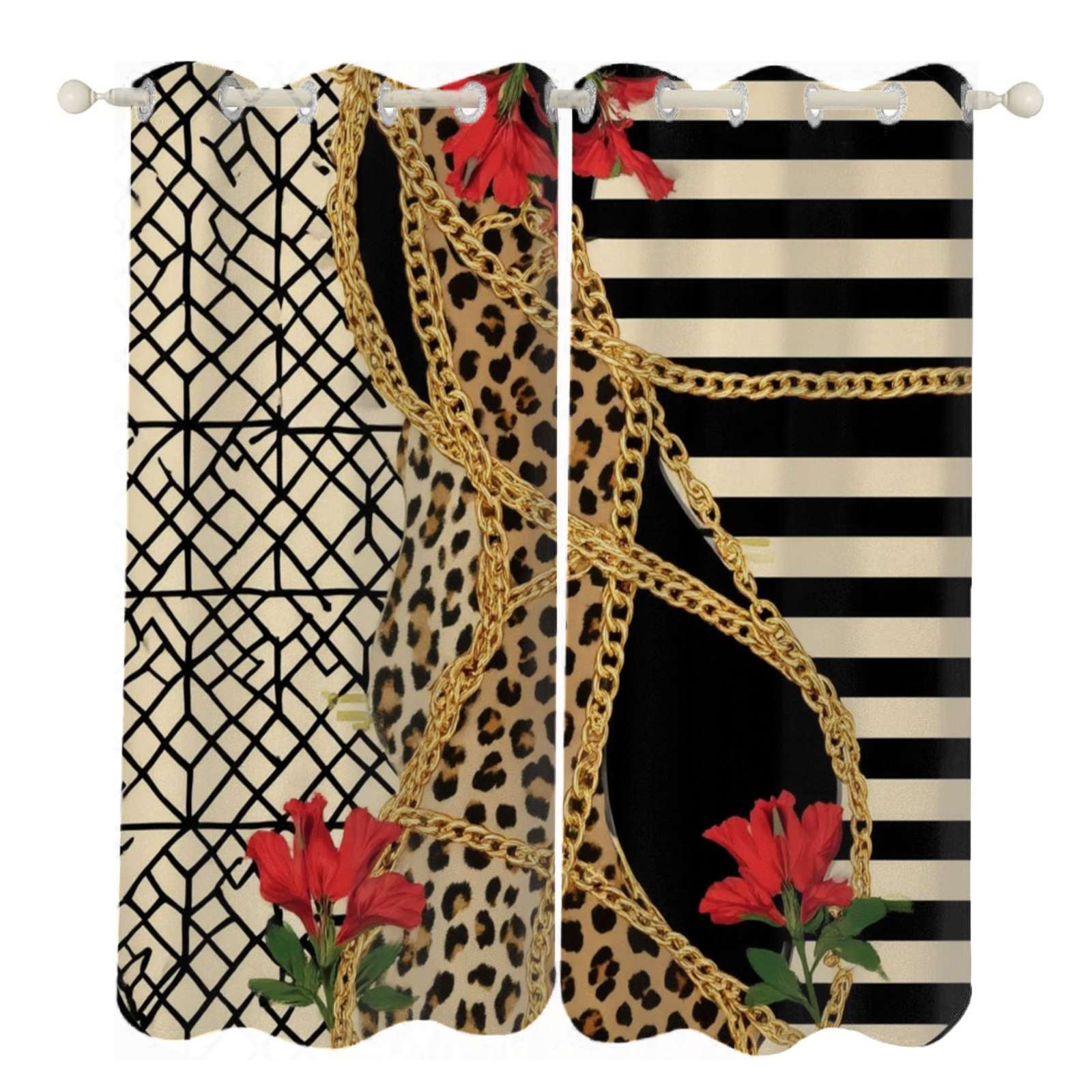Leopard print gold chains flowers stripes Sunshade Curtains Home ...