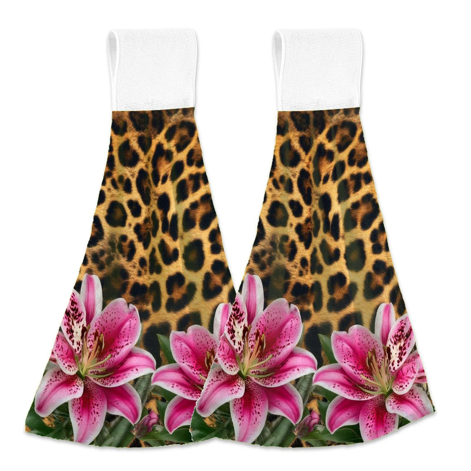 Leopard print pink lilies bloom wild Hanging Kitchen Hand Towels Sets ...