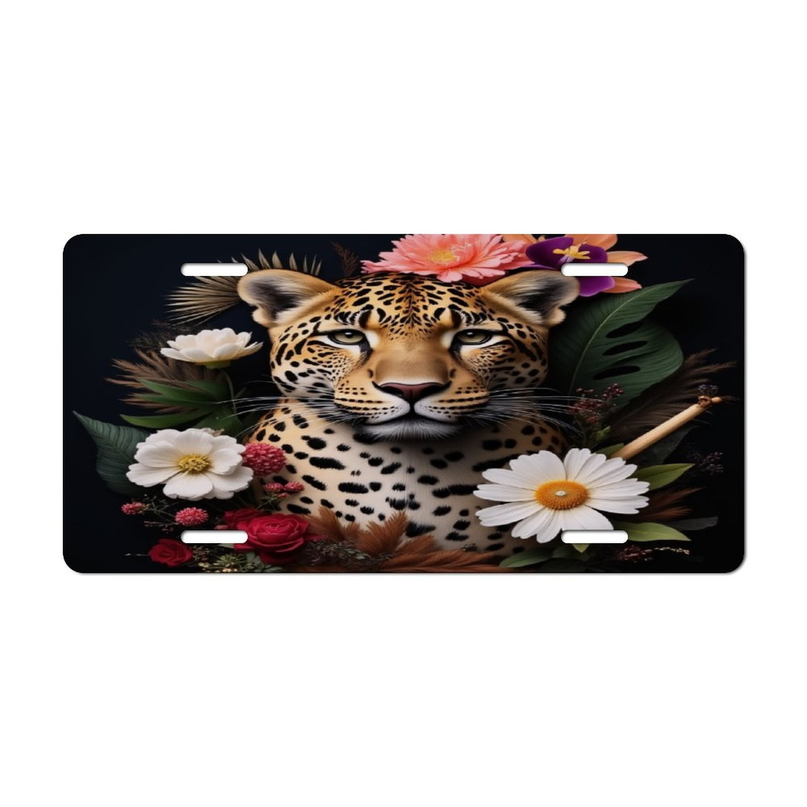 Leopard with Floral Wreath License Plate Lightweight Aluminum ...
