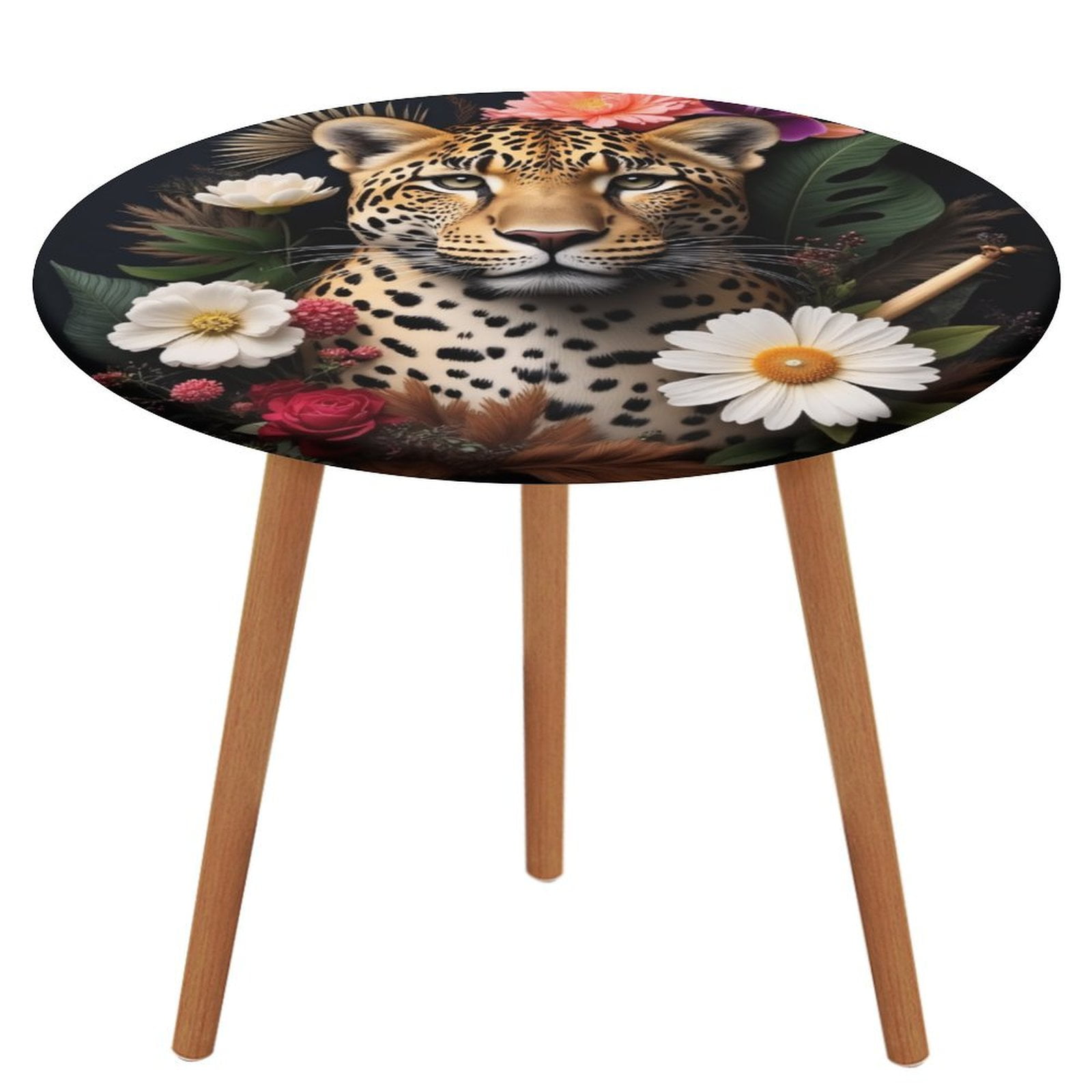 Leopard with Floral Wreath Pattern Round Tablecloth Waterproof Elastic ...