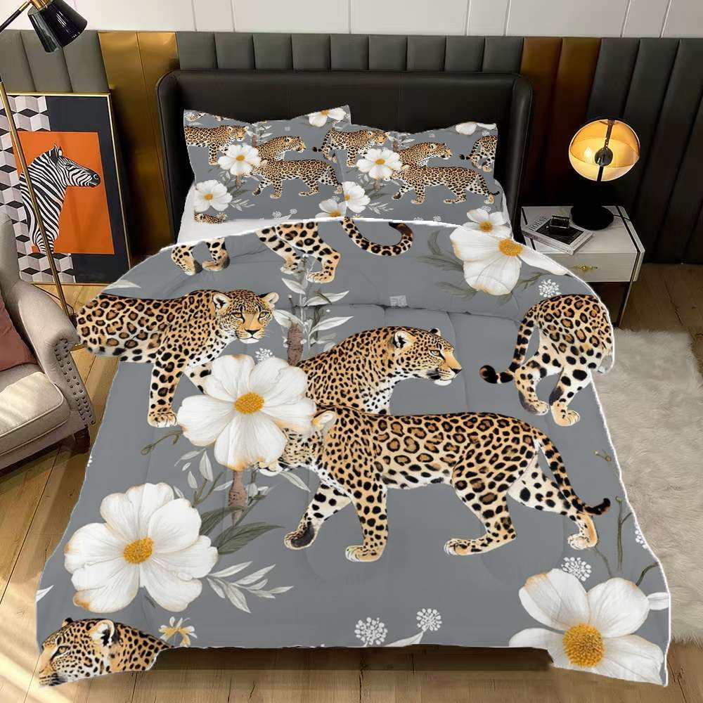 Leopards Flowers Grey Seamless Pattern Comforter Set Queen Size Bedding ...