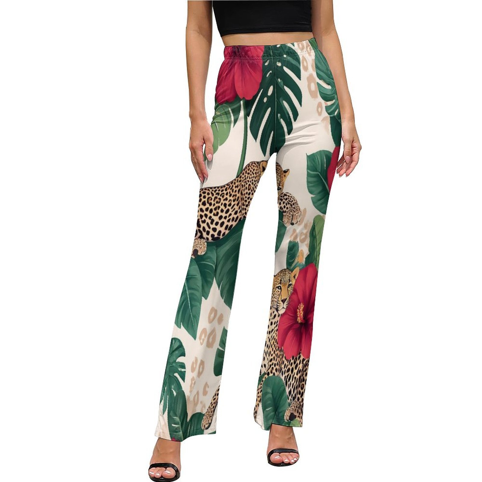 Leopards Hibiscus Tropical Jungle Print High Waisted Casual Flared ...