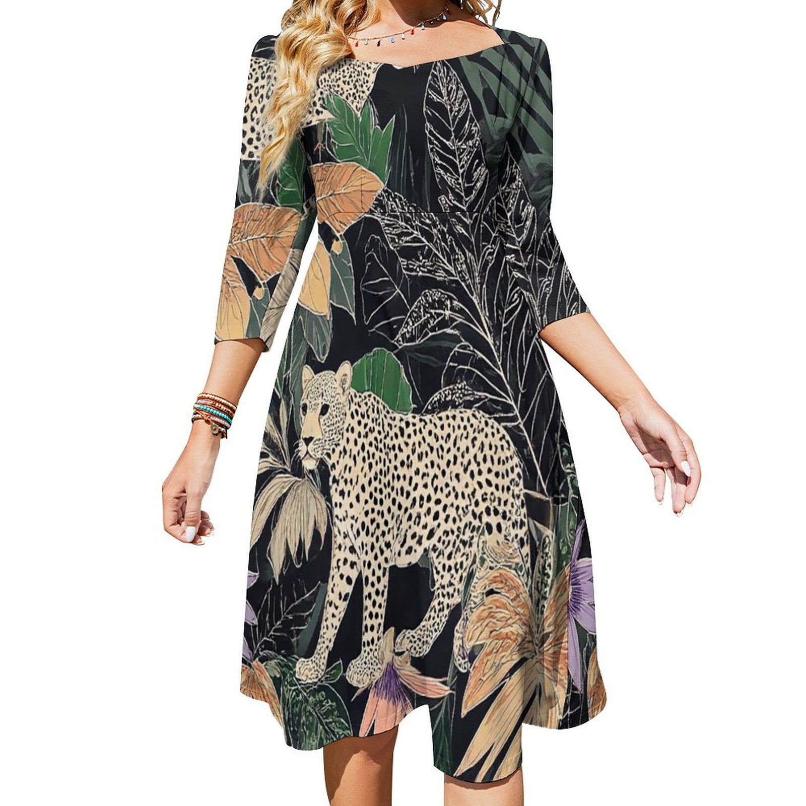 Leopards Jungle Tropical Leaves Print Womens Summer Dress Tie Back A ...