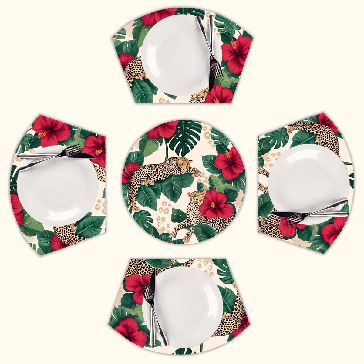 Leopards hibiscus tropical jungle print Round Table Placemats Set Of 5 ...