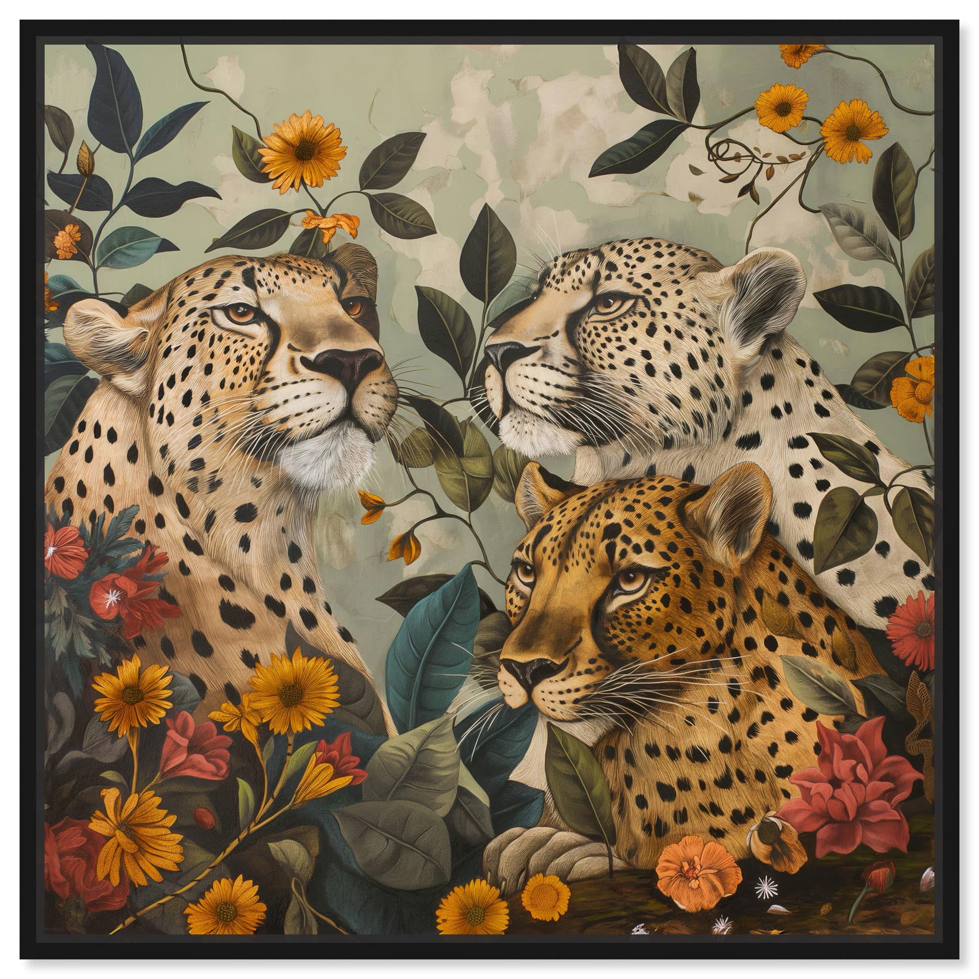 Leopards in Bloom Canvas Chinoiserie Art by Art Remedy, Black Frame, 16 ...