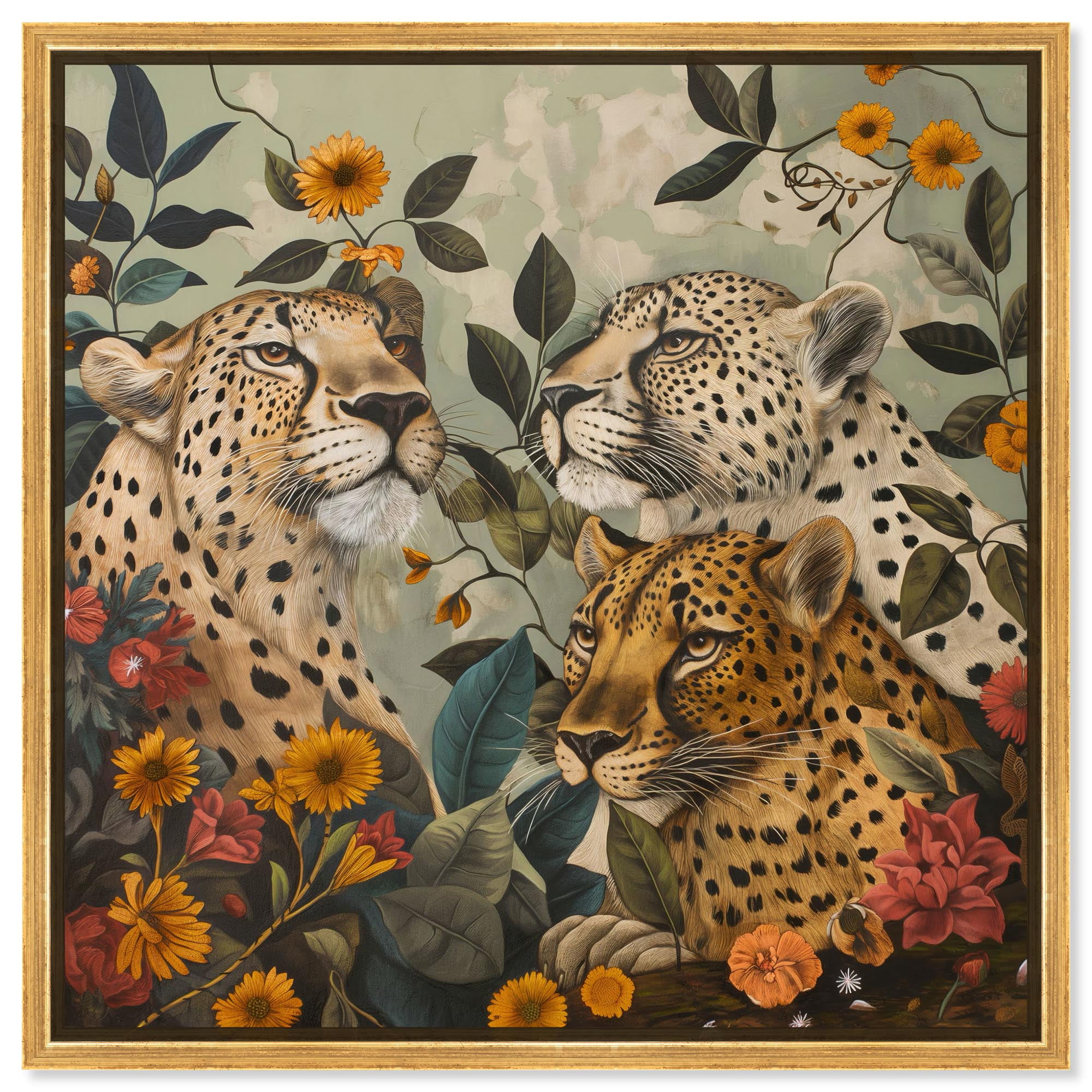 Leopards in Bloom Canvas Chinoiserie Art by Art Remedy, Gold Frame, 16 ...