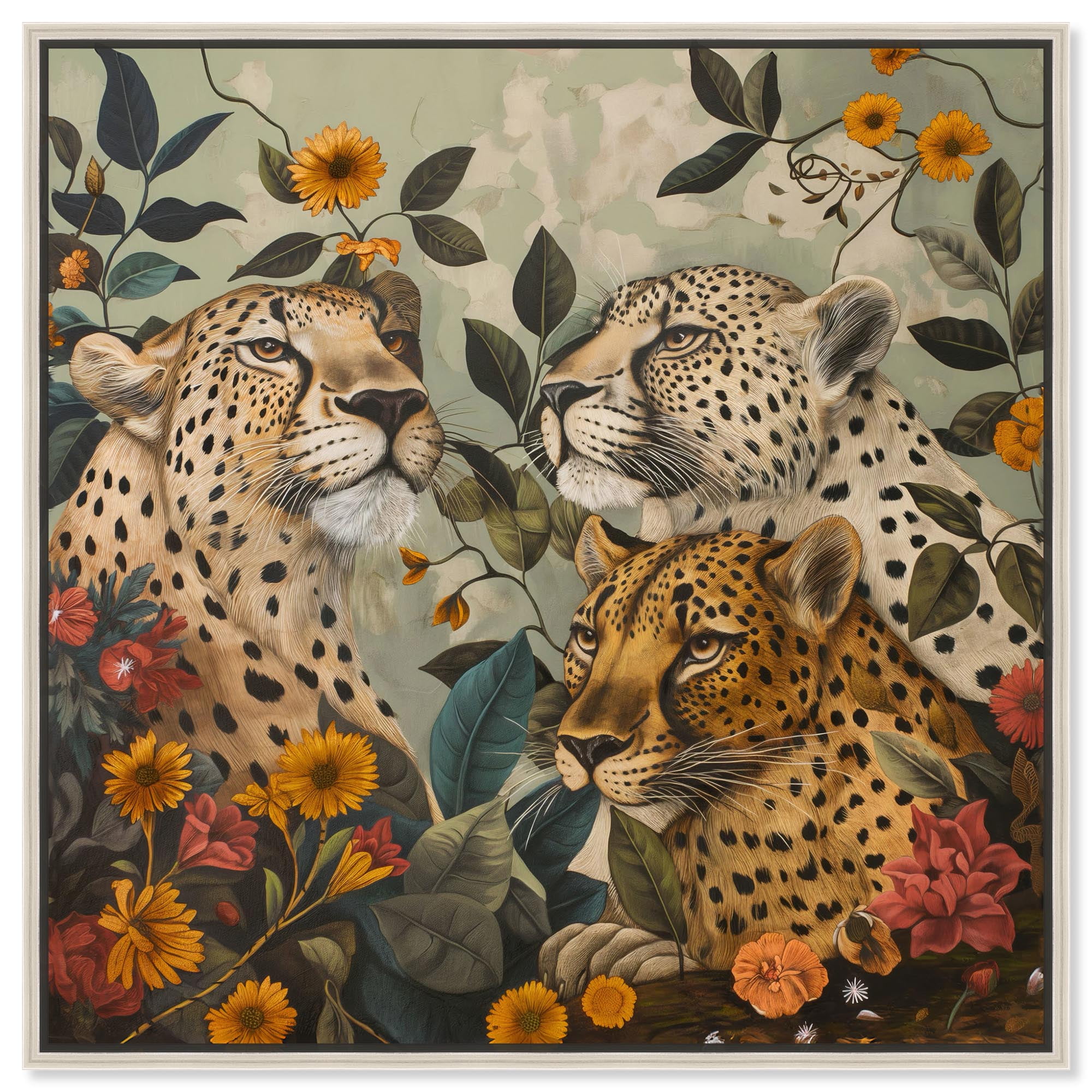 Leopards in Bloom Canvas Chinoiserie Art by Art Remedy, Silver Frame ...