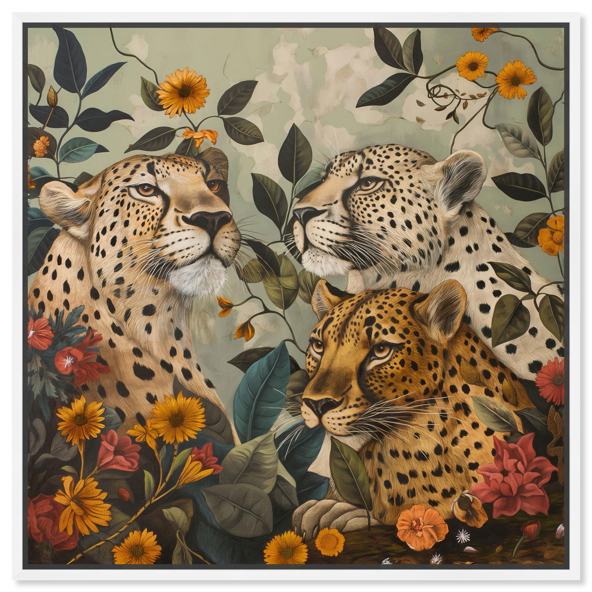 Leopards in Bloom Canvas Chinoiserie Art by Art Remedy, White Frame, 40 ...