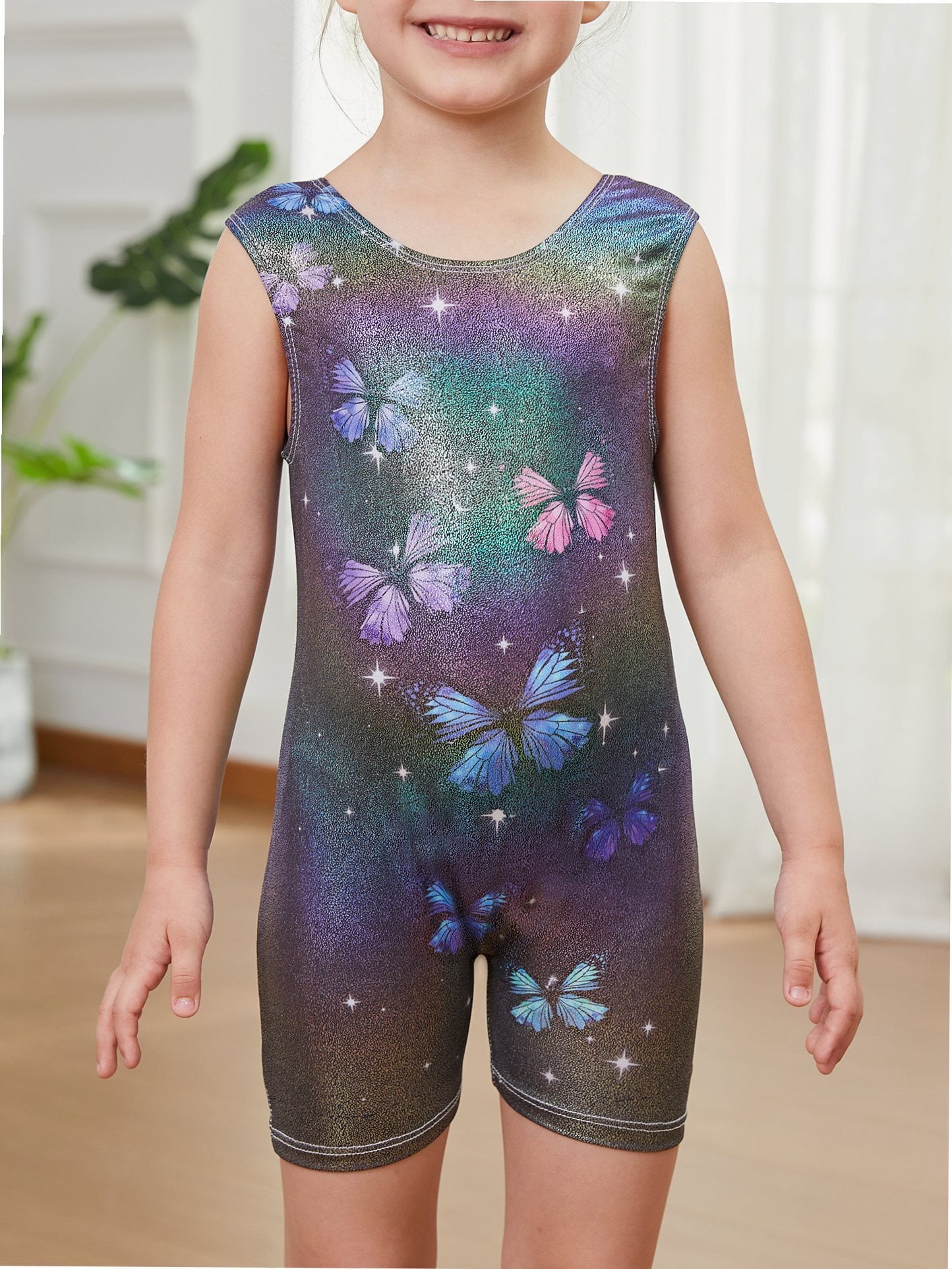 Leotards for Girls Gymnastics with Shorts Colorful Butterfly Shiny Diamond Kids Biketard ...