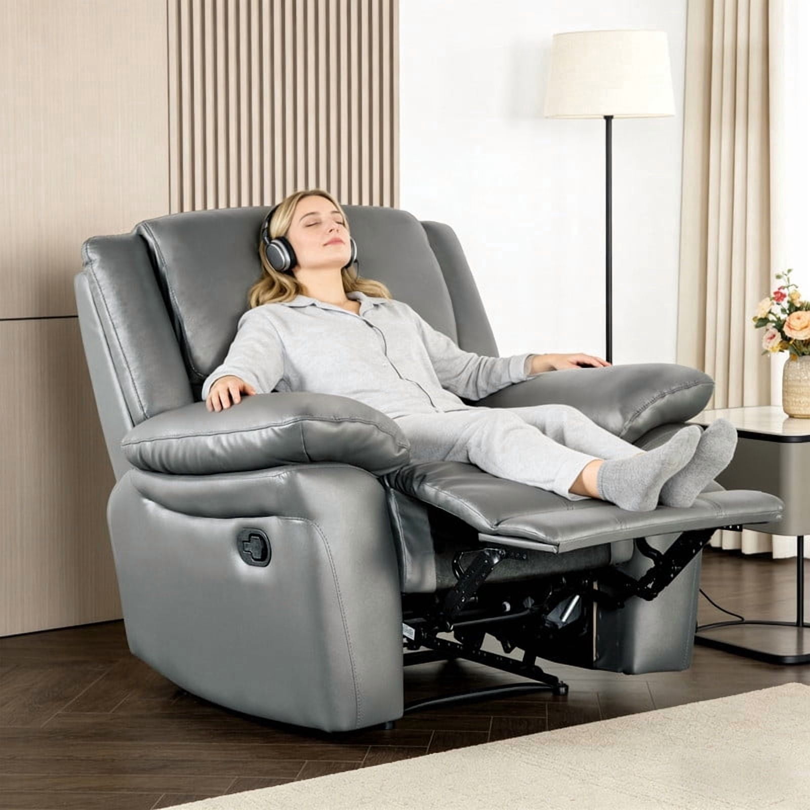 Leovanni Large Manual Recliner Chair with Leather Match Upholstery ...