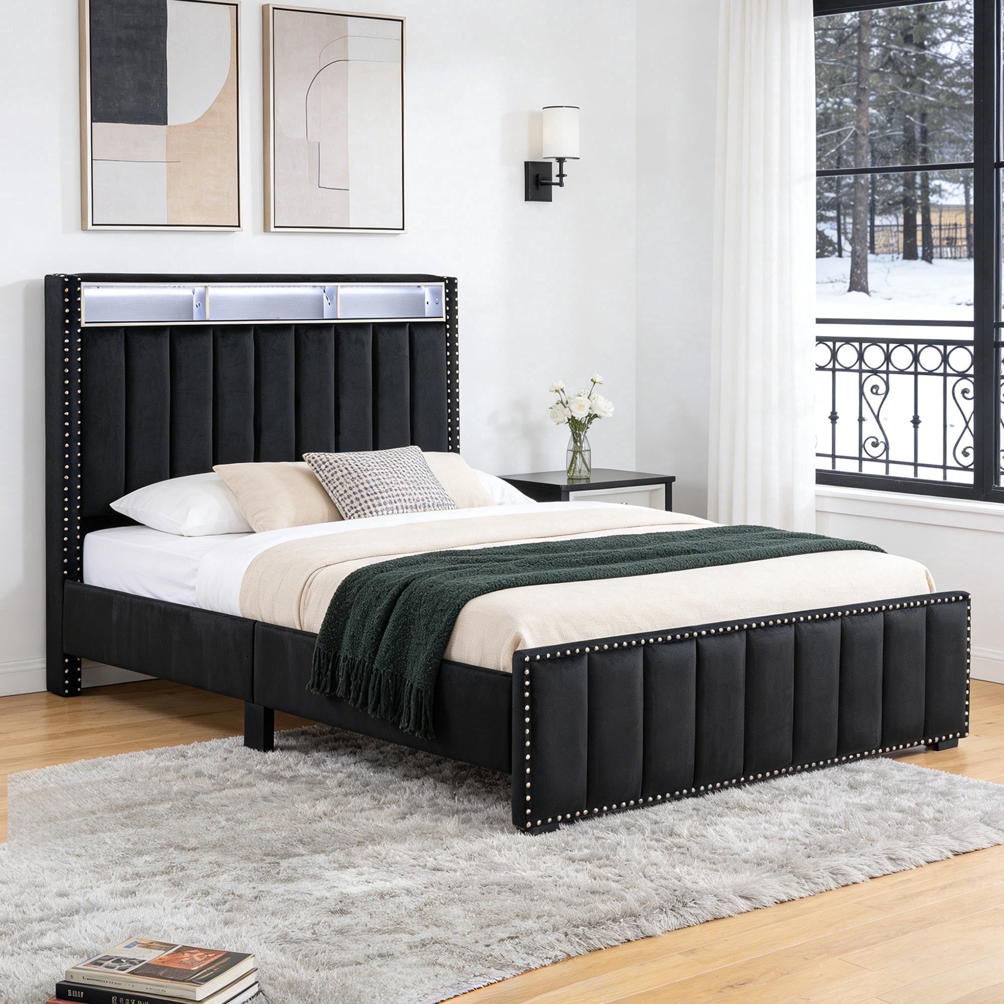 Leovanni Modern Queen Upholstered Platform Bed with Storage Headboard ...