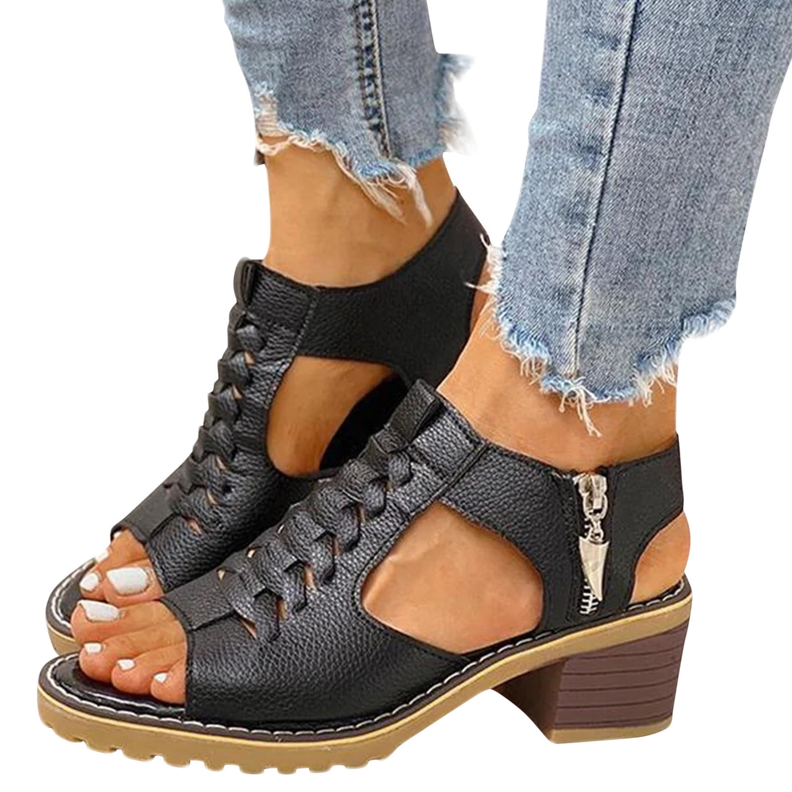 Leozcaa Chunky Heeled Sandals for Womens Bohemian Cutout Open Toe ...