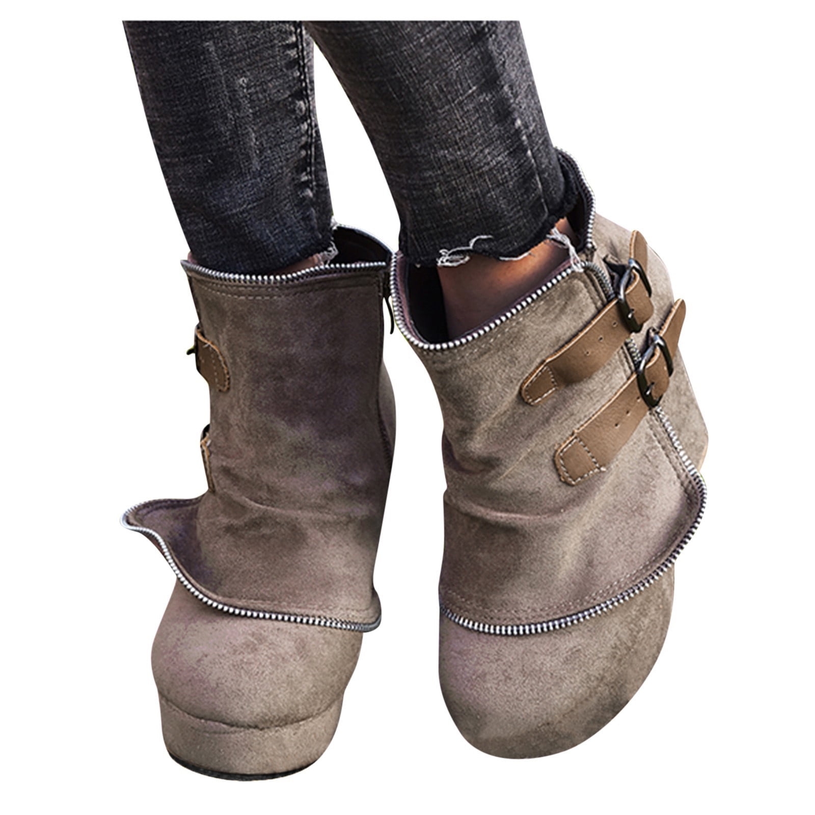 Leozcaa Fold Over Boots for Women Round Toe Pull-on Wedge Heel Ankle ...
