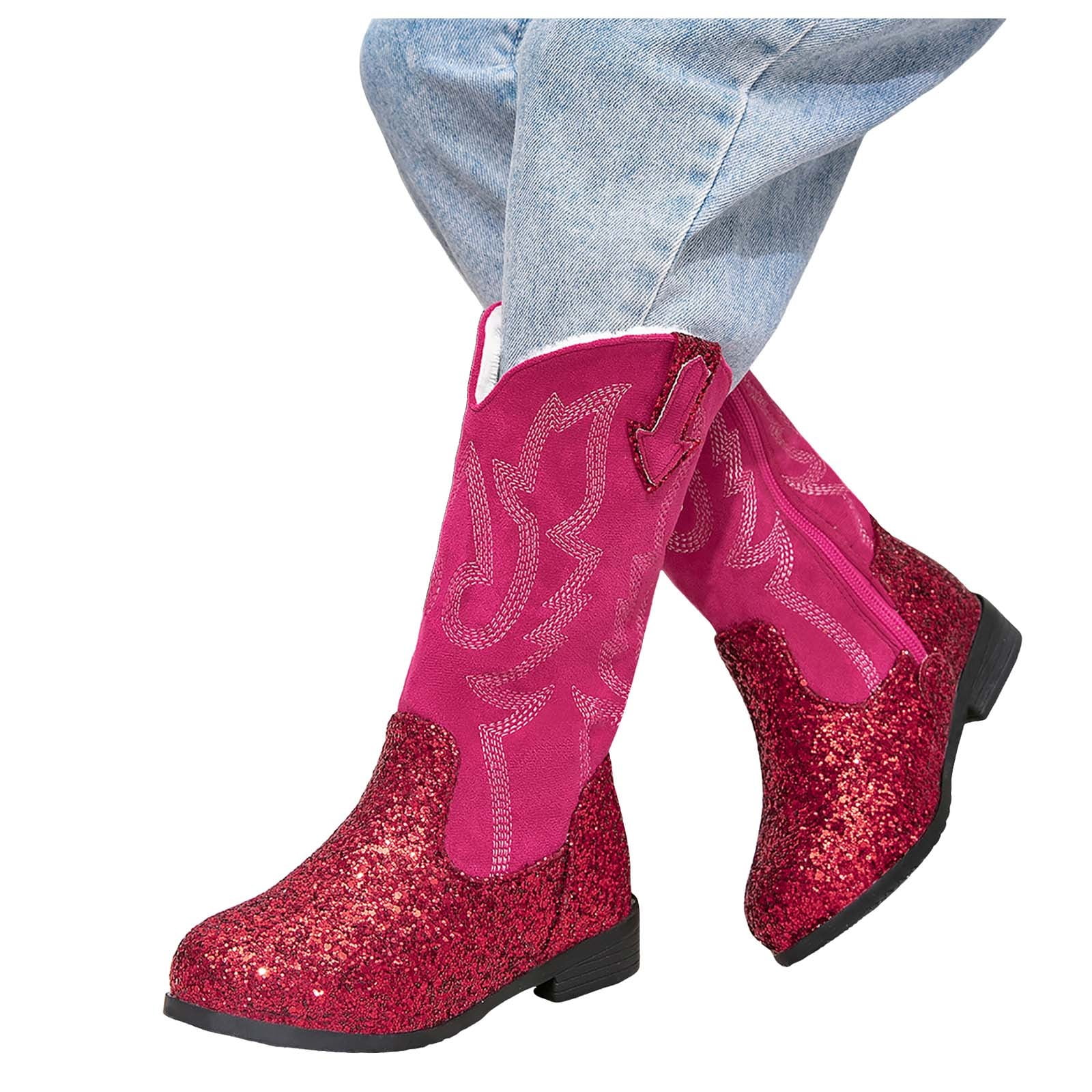 Leozcaa Girls Cowboy Boots Kids Cowgirl Western Boot Glitter Round Toe ...