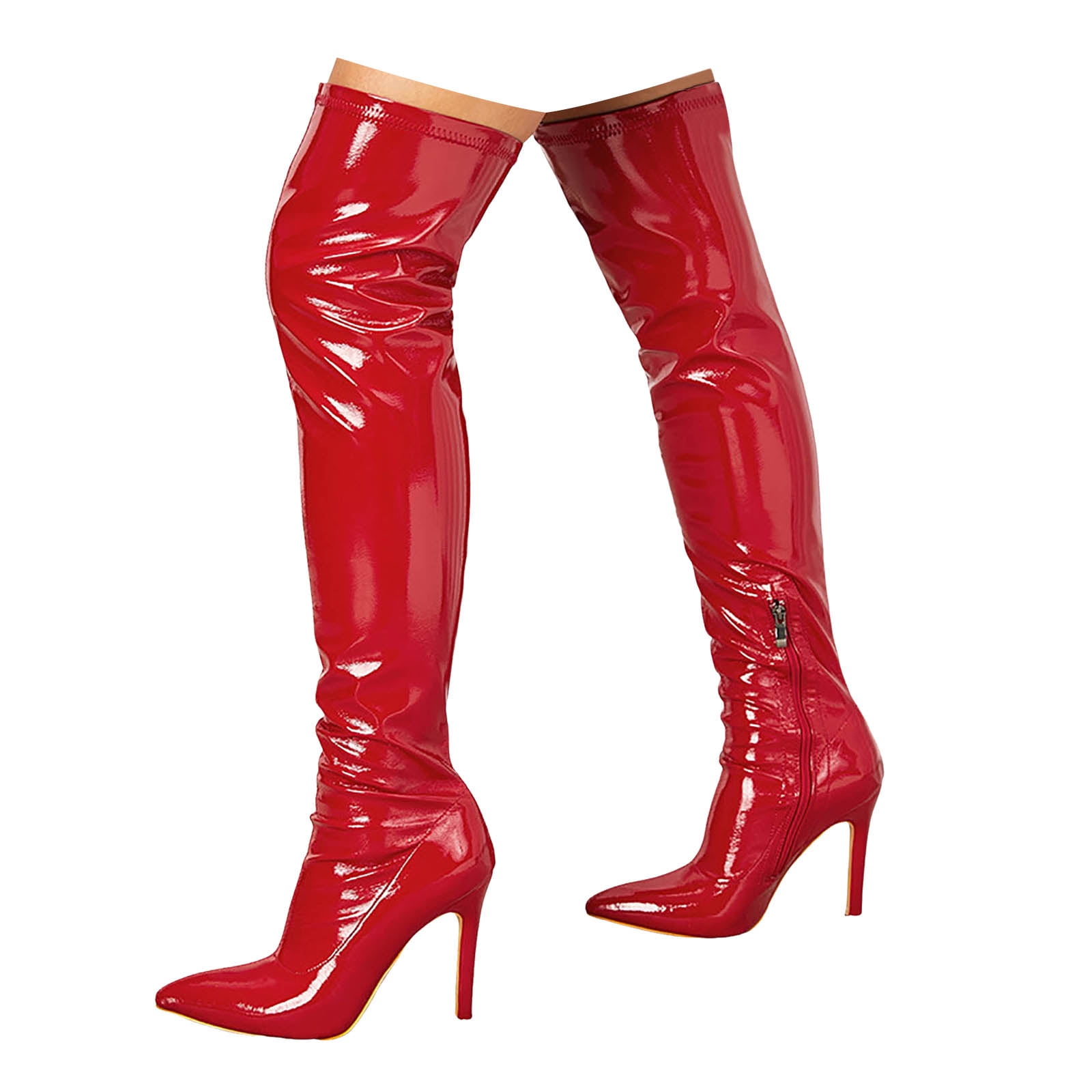 Leozcaa Shiny Leather Thigh High Boots Stiletto Heels Platform Over The ...