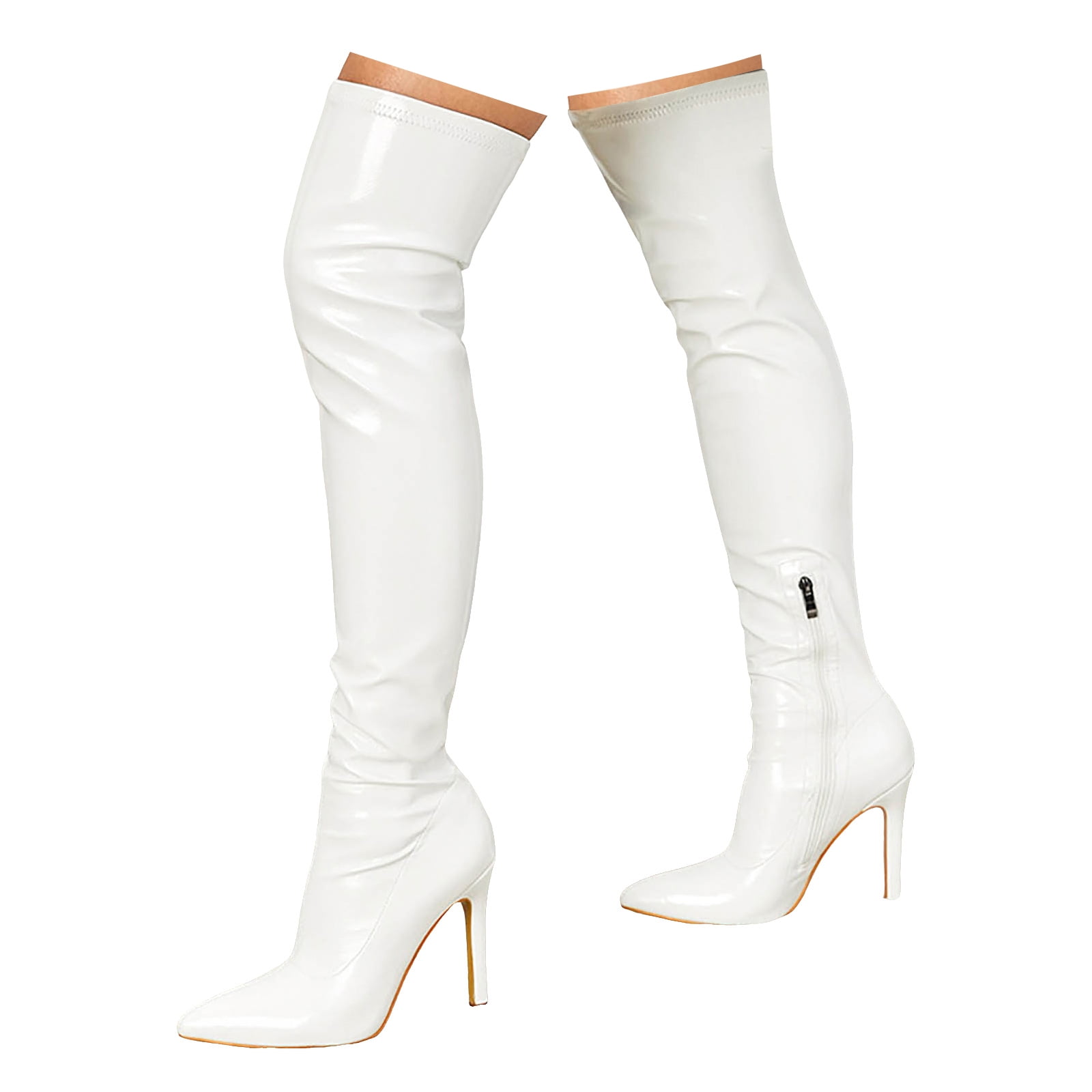 Leozcaa Shiny Leather Thigh High Boots Stiletto Heels Platform Over The ...