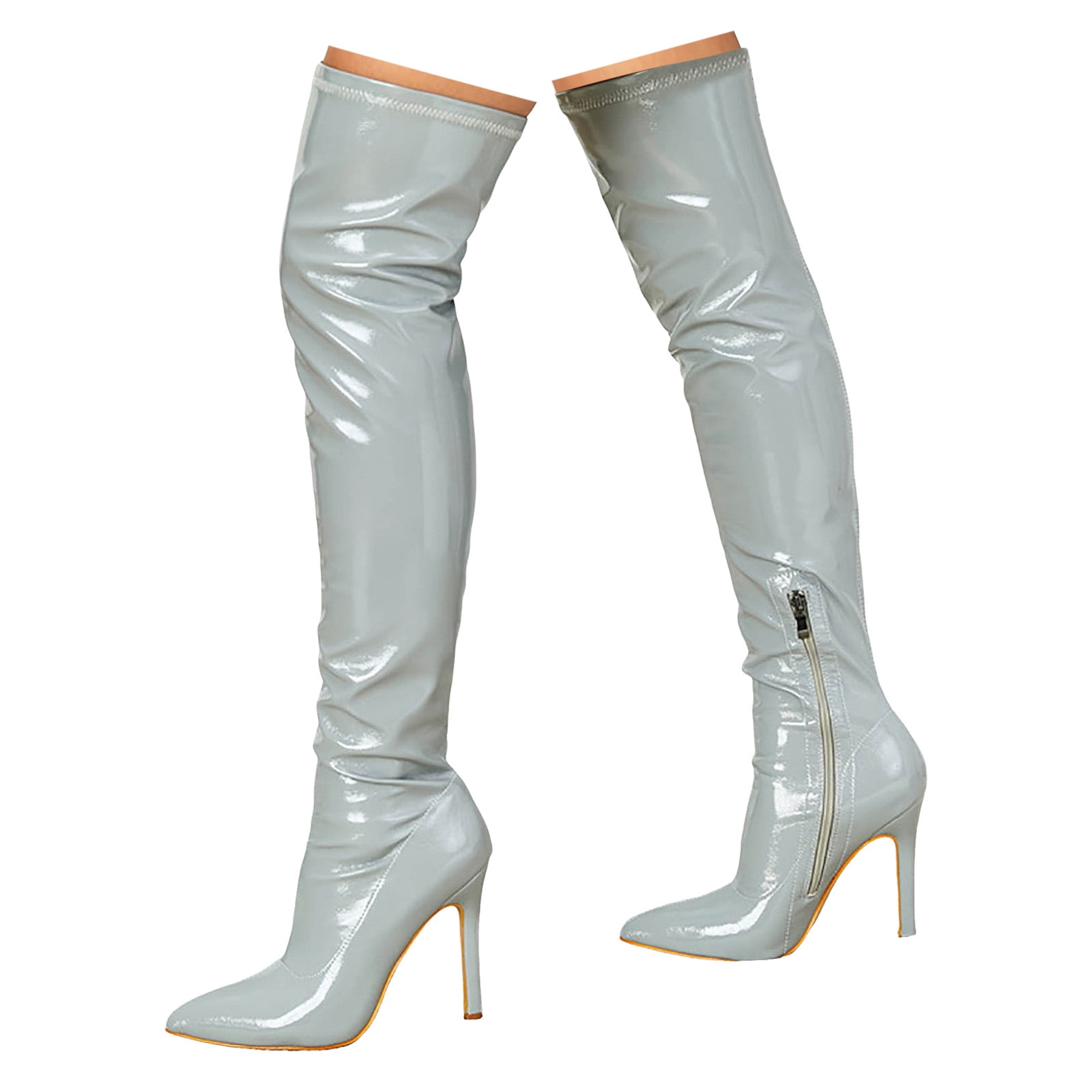 Leozcaa Shiny Leather Thigh High Boots Stiletto Heels Platform Over The ...