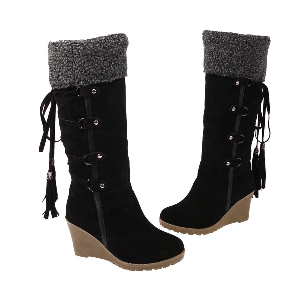 Leozcaa Winter Boots Women's Knee High Boots Tall Fall Wedges Round Toe ...