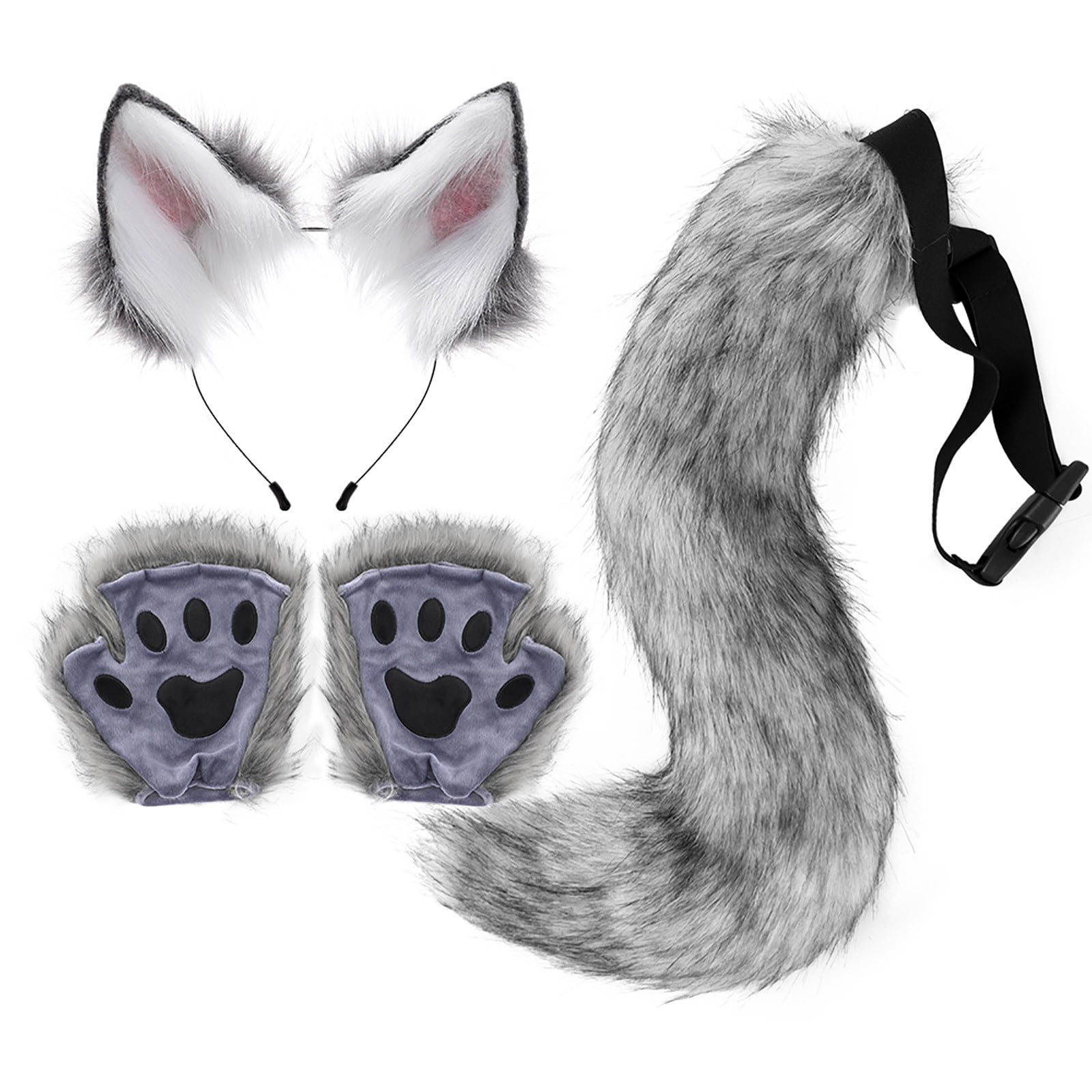 Leozcaa Wolf Cat 3Pcs Cat Ear and Tail Set with Collar Paws Gloves Ears ...