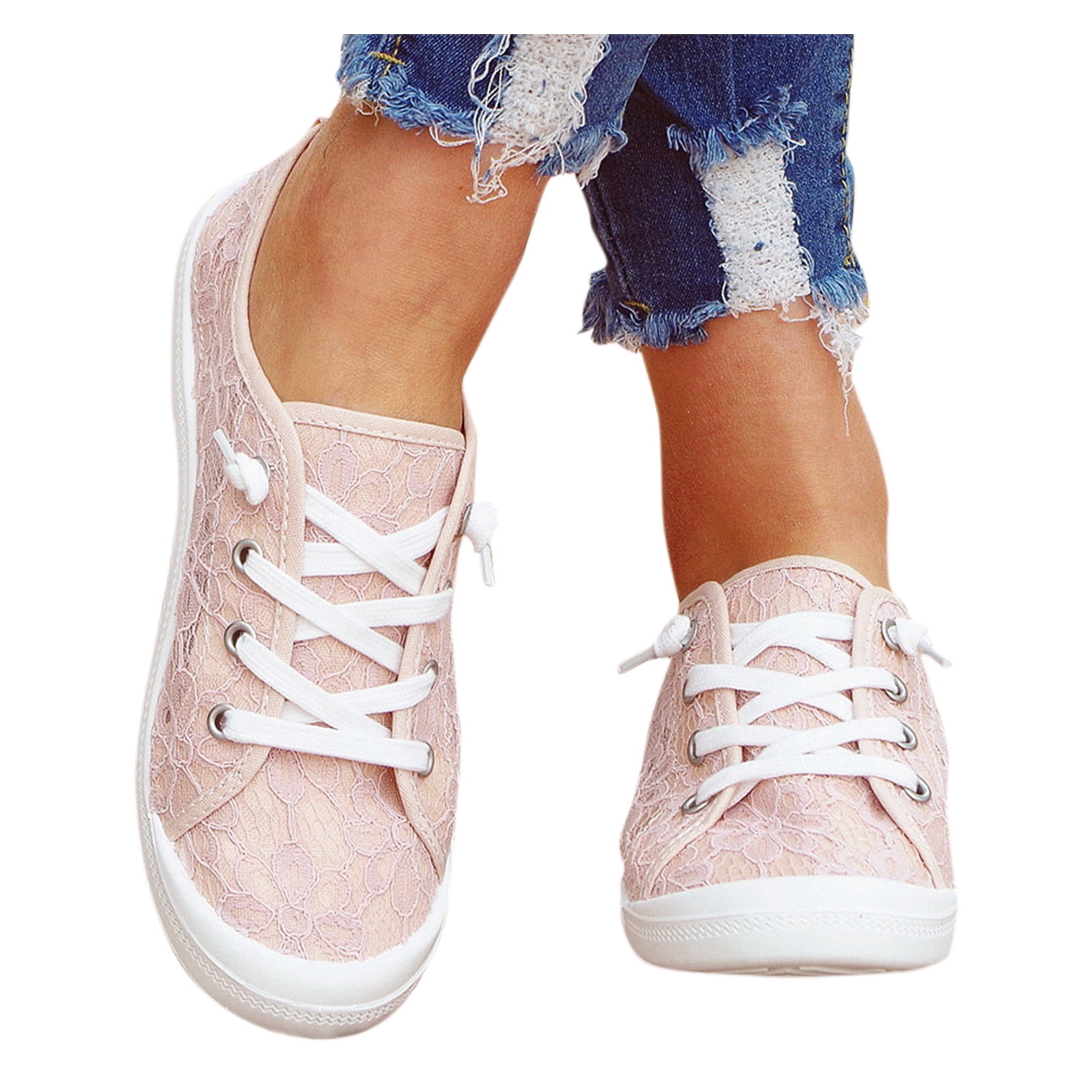 Leozcaa Women Canvas Sneaker Slip On Casual Shoes Lace Flower Low Top ...