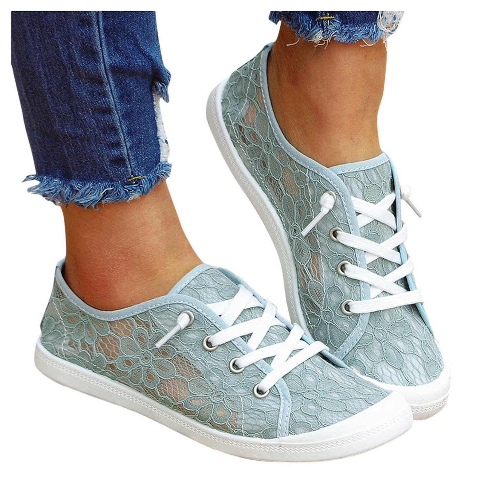 Leozcaa Women Canvas Sneaker Slip On Casual Shoes Lace Flower Low Top ...