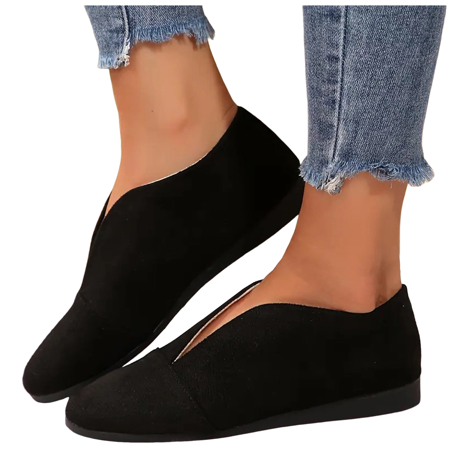 Leozcaa Women Round Toe Flat Shoes Dressy Black Ballet Flats ...