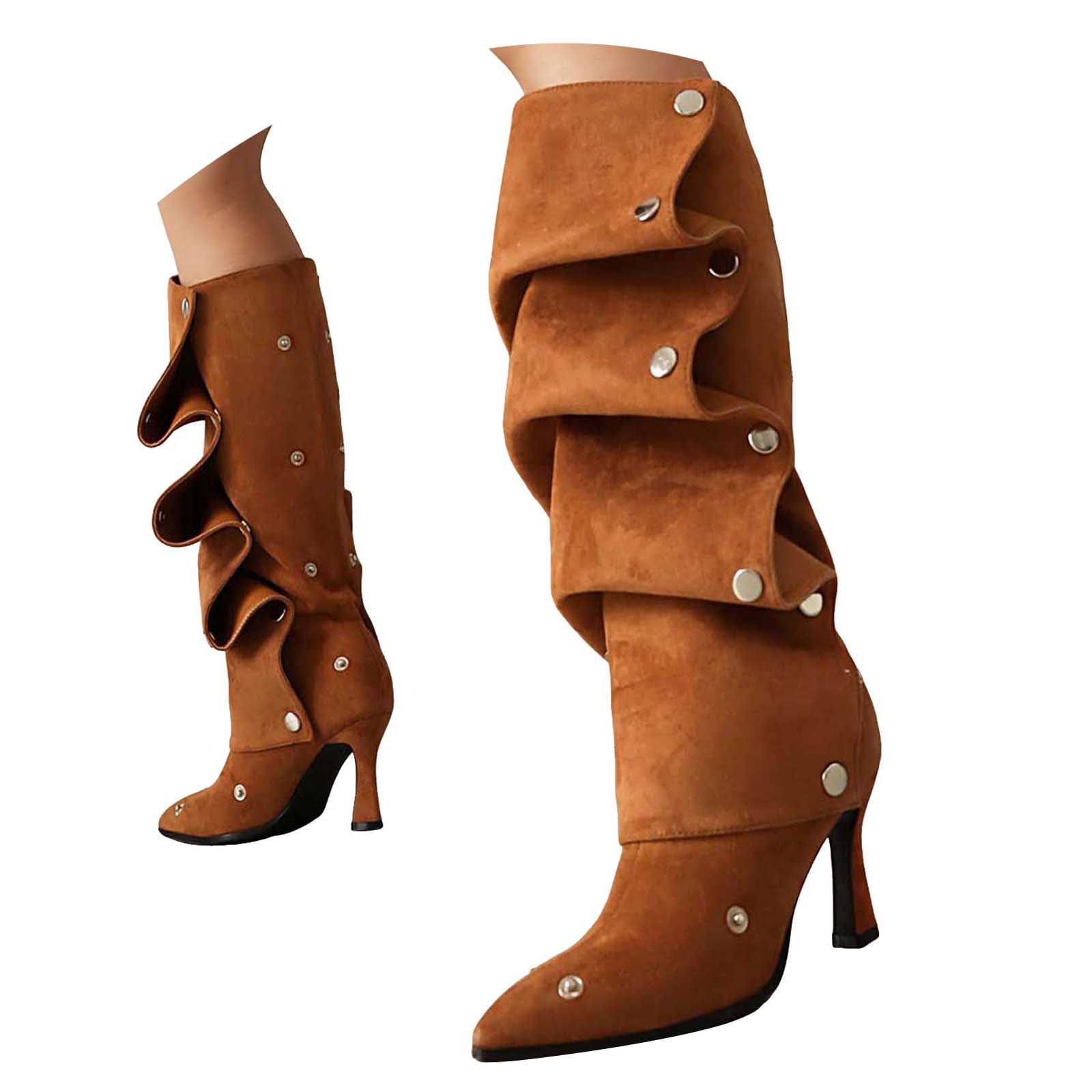Leozcaa Women Stiletto Knee High Boots Slouch Pointed Toe High Heel ...