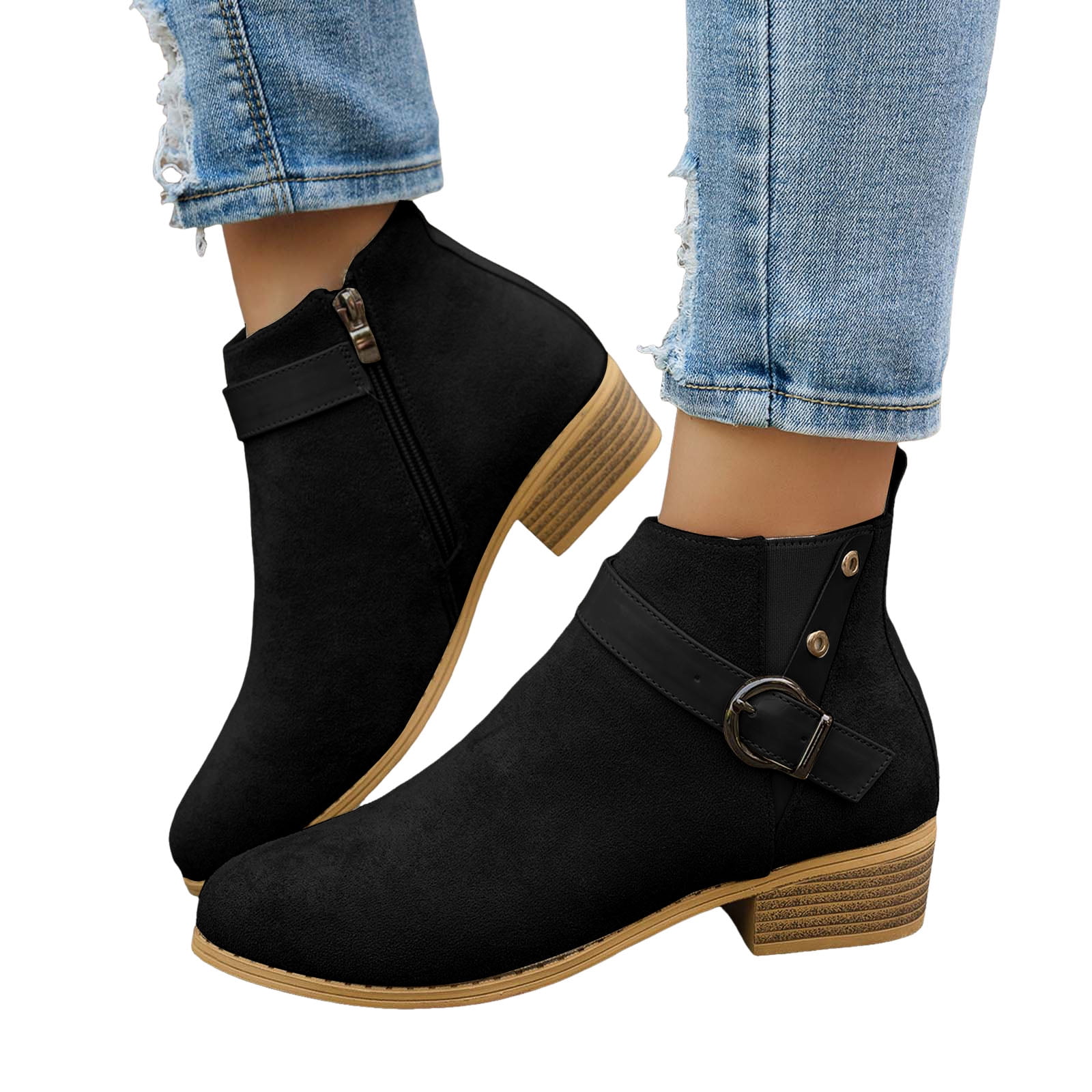 Leozcaa Women's Ankle Boots Low Chunky Stacked Heel Comfortable Round ...