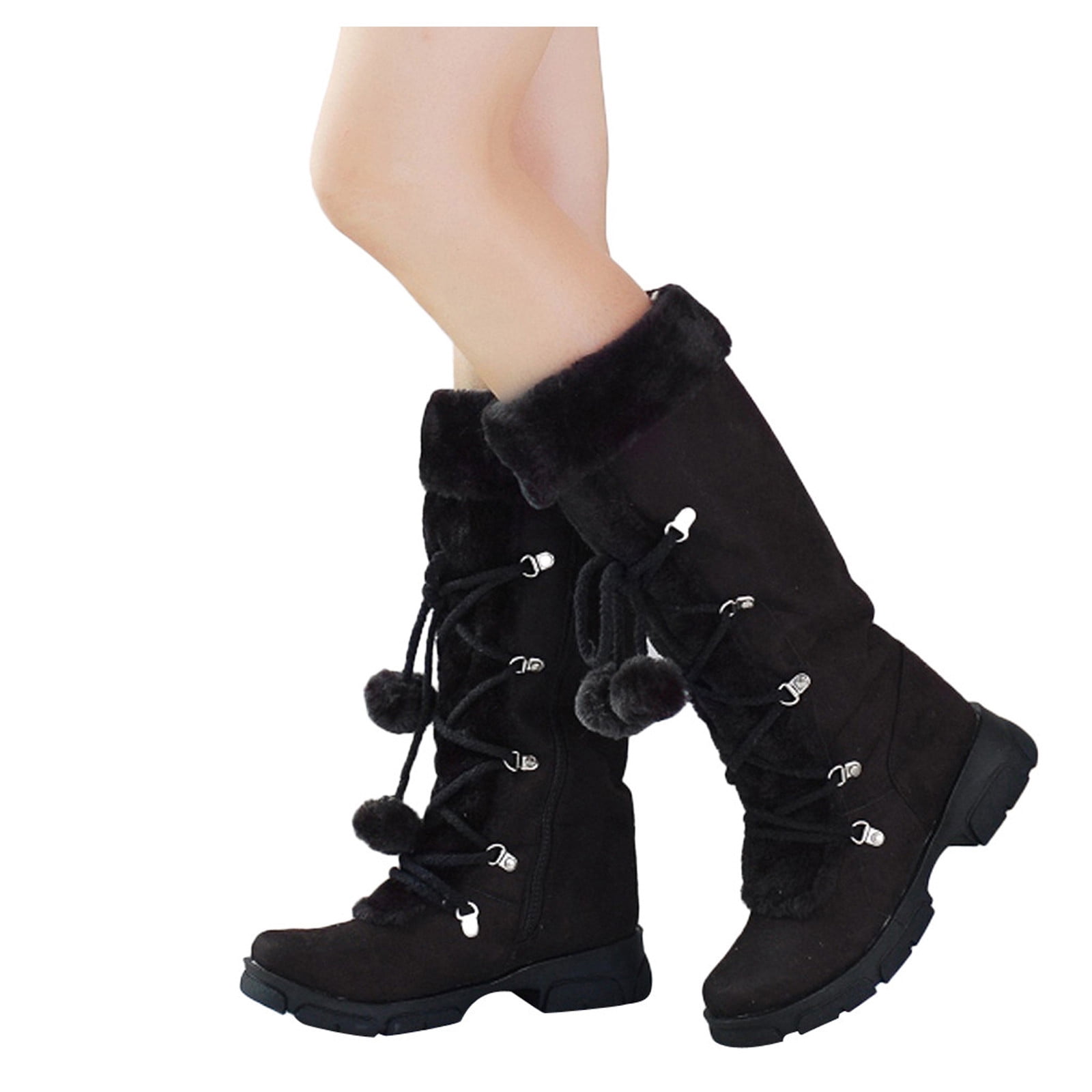 Leozcaa Women's Black Winter Snow Boots Twin Peaks Fur Cuff Mid-Calf ...