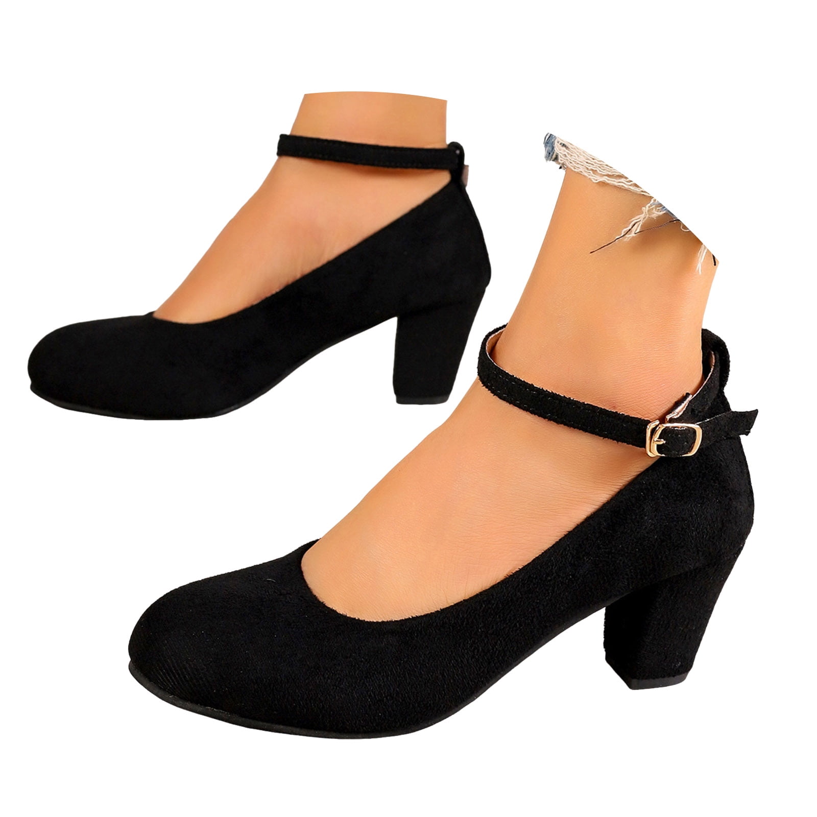 Leozcaa Women's Block Heels Closed Toe High Chunky Rounded Toe Pumps ...