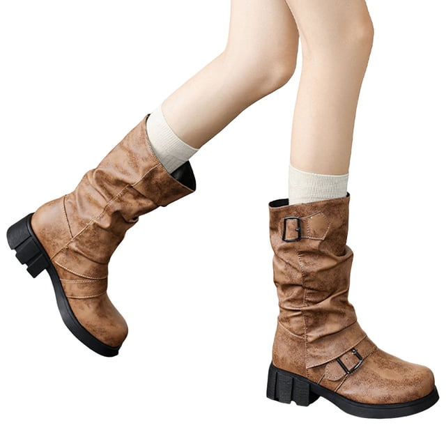 Leozcaa Women's Fold Over Boots Slouchy Wide Calf Platform Knee High ...
