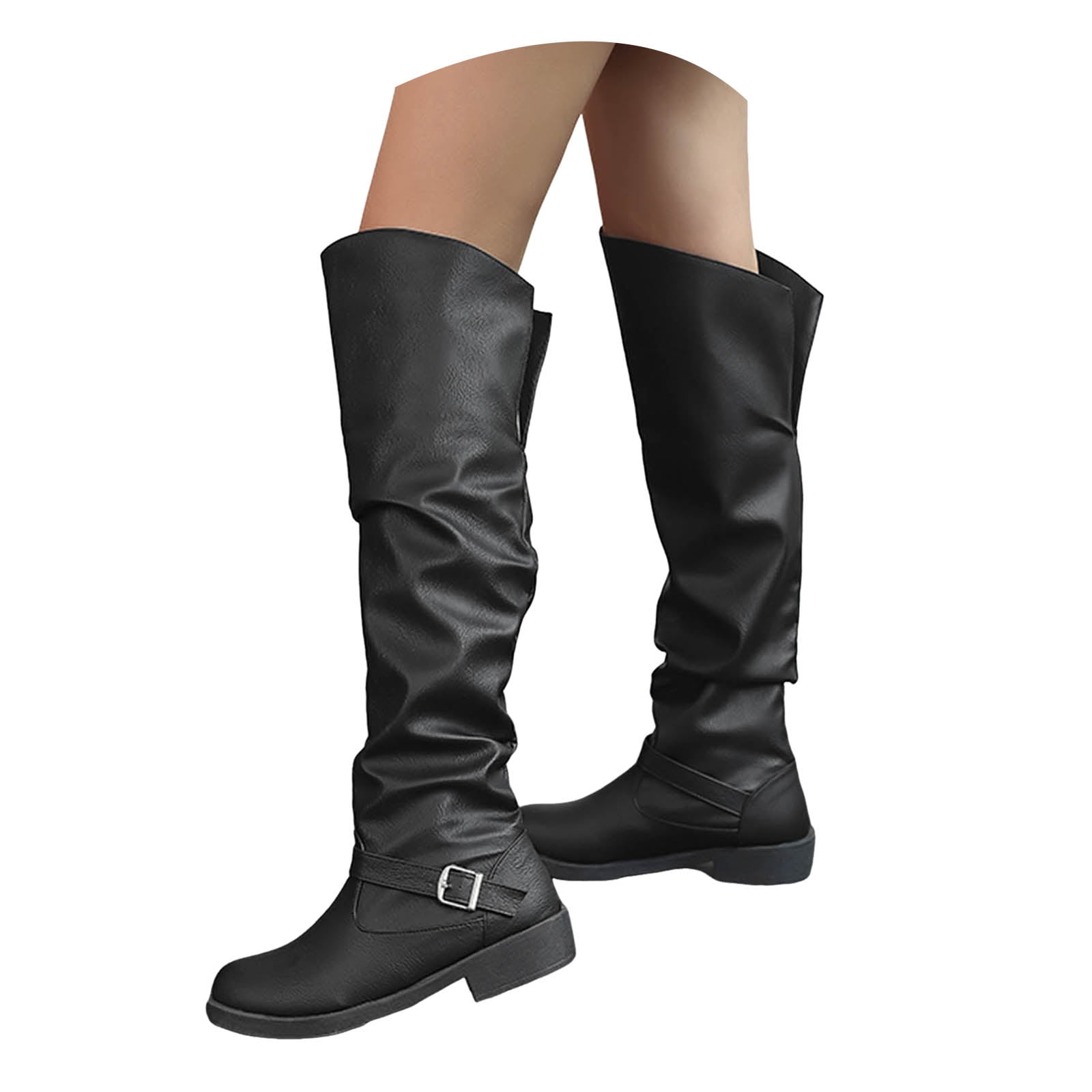 Leozcaa Women's Slouchy Knee High Boots with Chunky Heel Round Toe ...