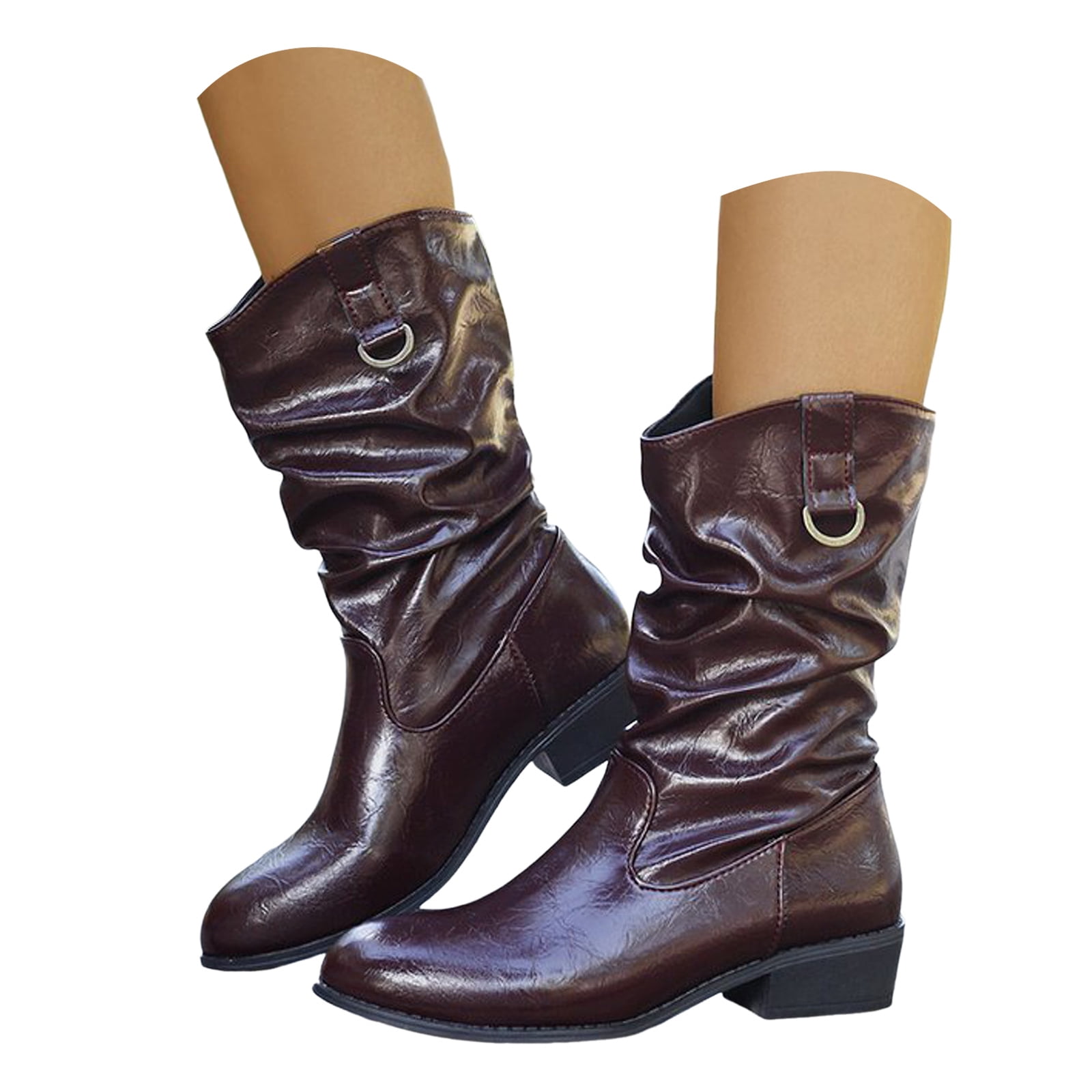 Leozcaa Women's Slouchy Leather Mid-Calf Boots with Comfortable Leather ...