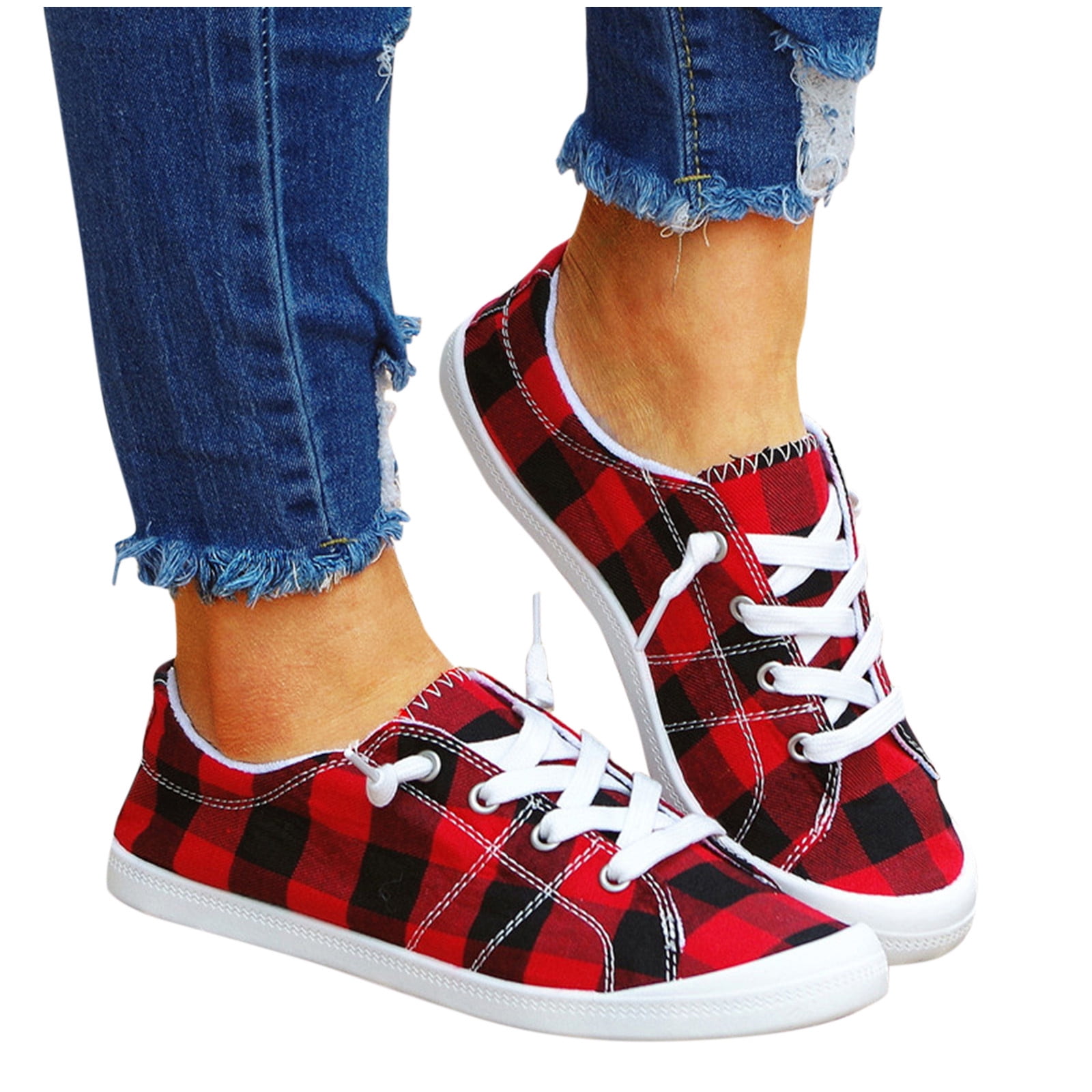 Leozcaa Womens Canvas Slip On Shoes Fashion Sneakers Loafers Check ...
