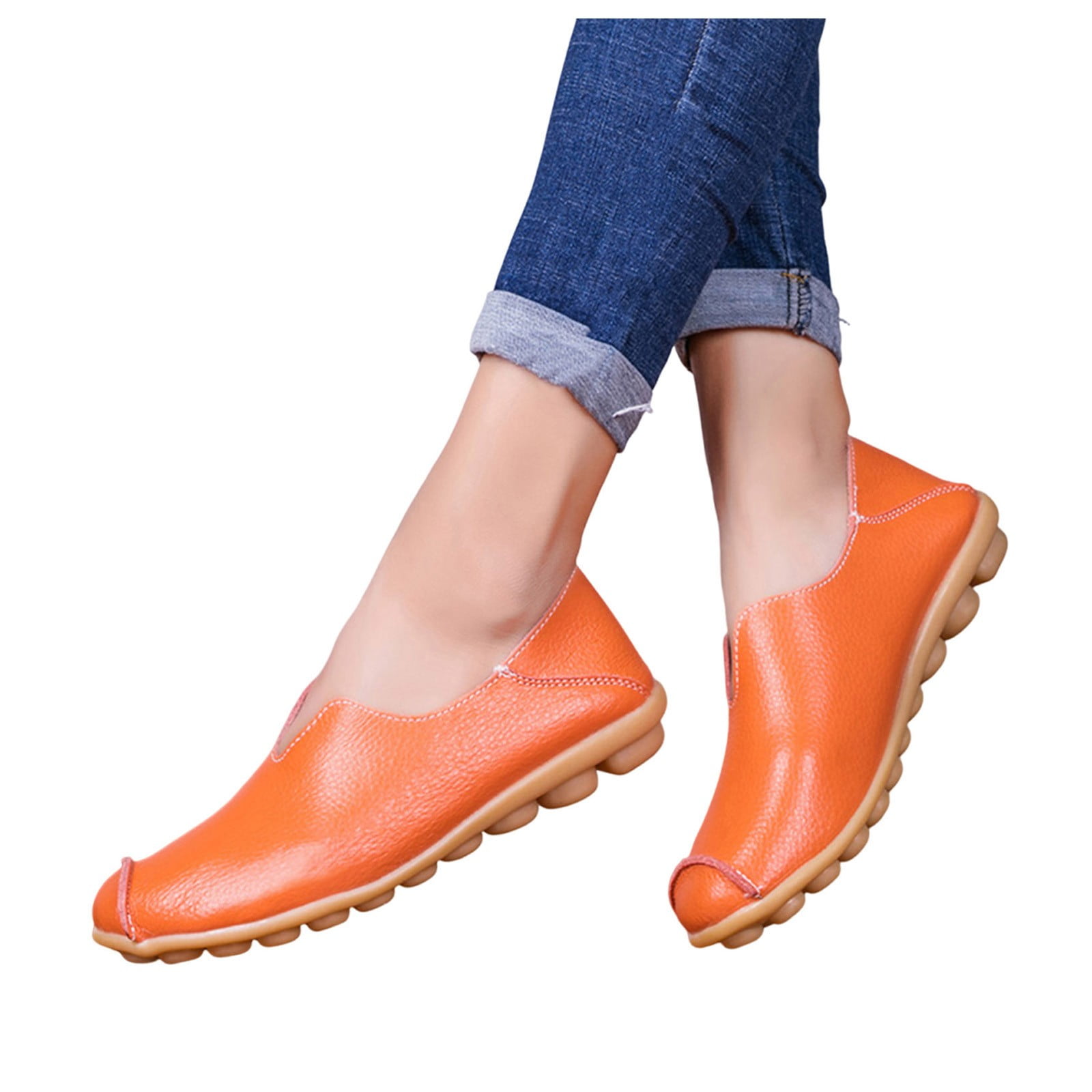 Leozcaa Womens Comfy Breathable Sneakers Flat Bottom Leather Slip-on ...