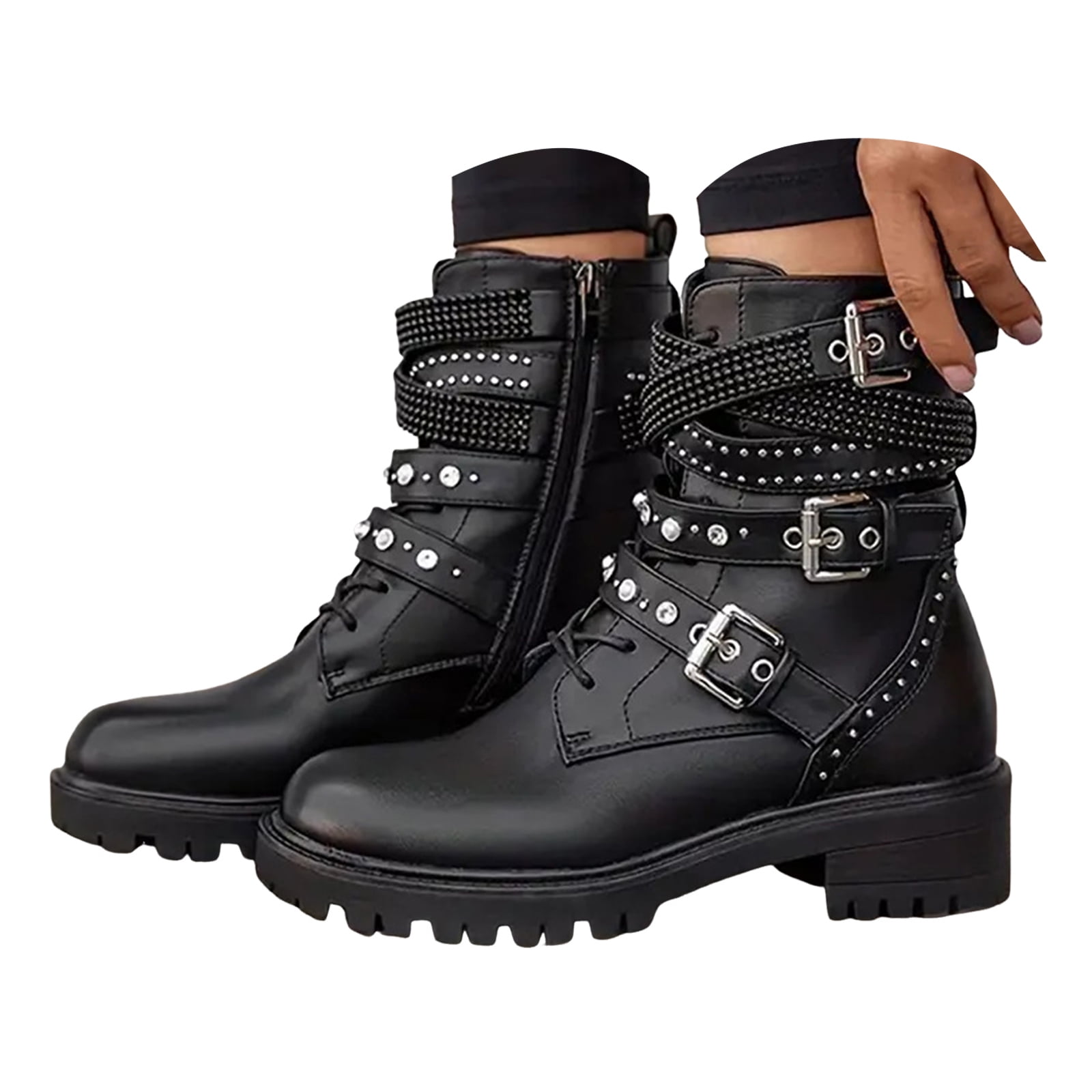Leozcaa Womens Goth Ankle Flat Boots Chunky High Heel Lace Up Combat ...