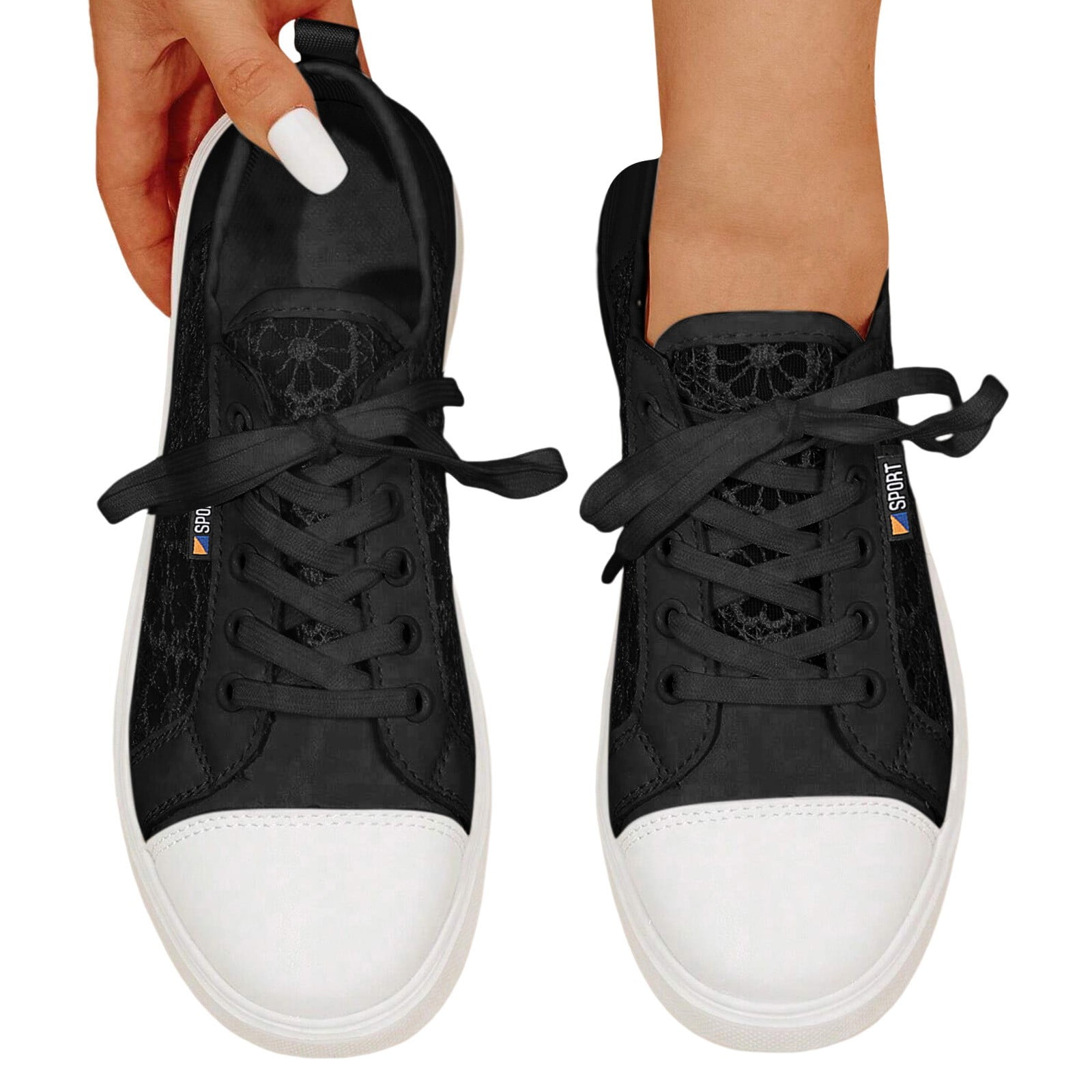 Leozcaa Womens Lace Sneakers Fashion Mesh Low Crochet Lace Up Walking ...