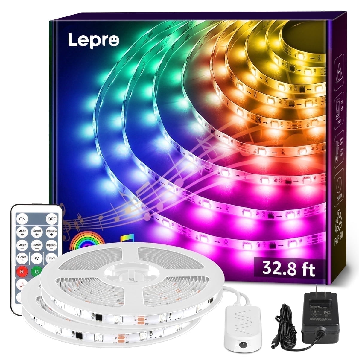 Lepro 32.8ft Music Sync LED Strip Lights, 5050 RGB Waterproof, Remote ...