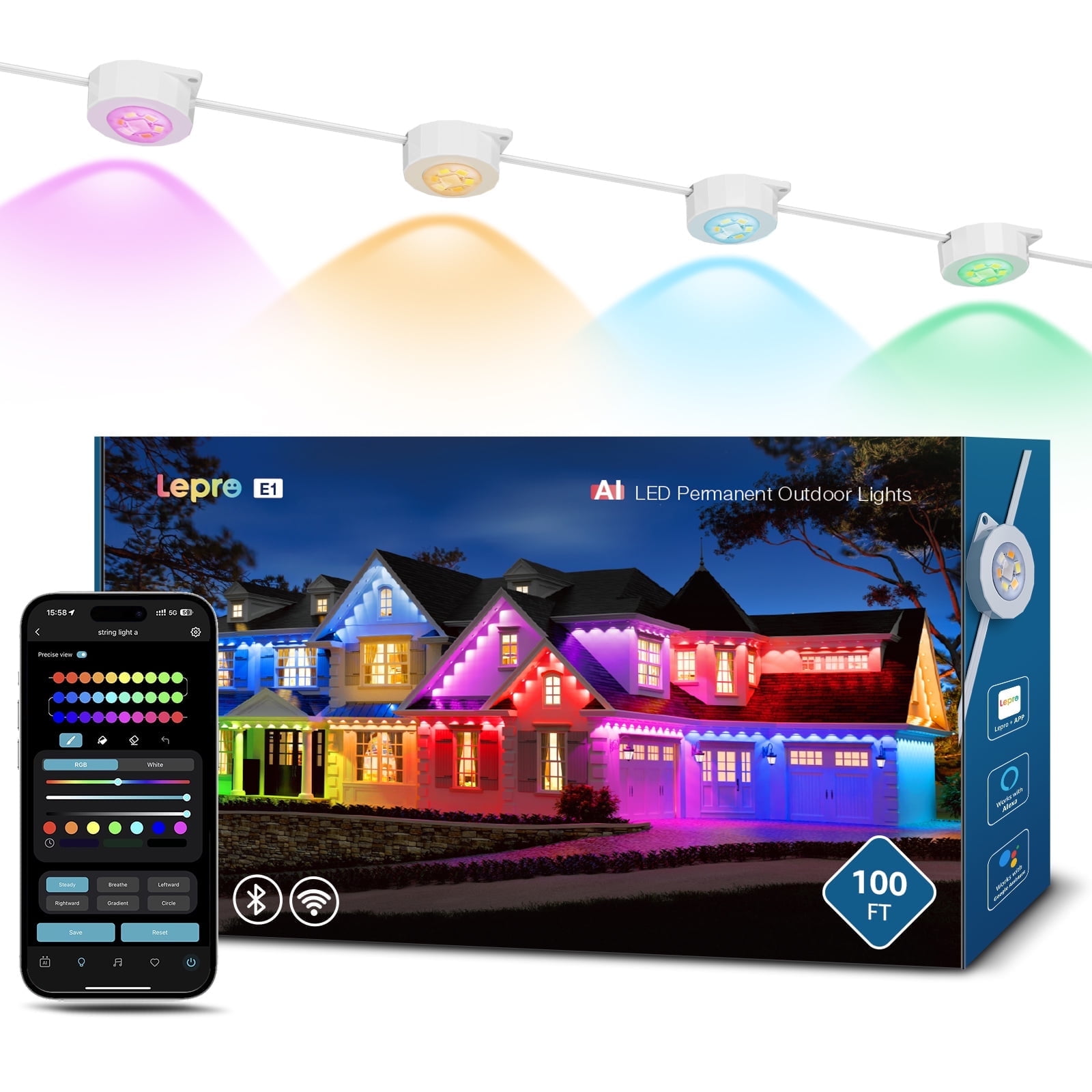 Lepro E1 AI Permanent Outdoor Lights 100FT, Smart RGB+IC Color Changing ...