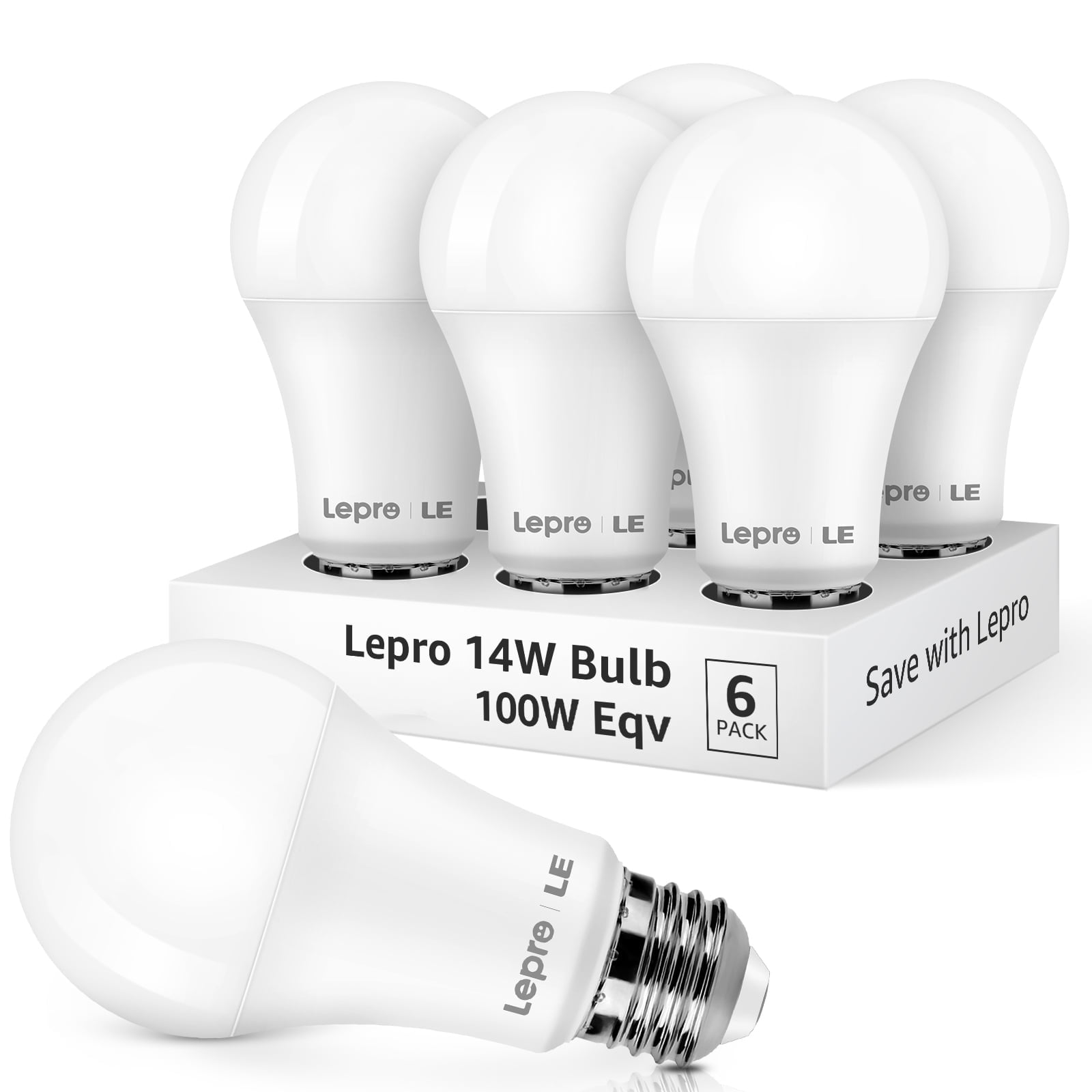 Lepro LED Light Bulbs, 100W Equivalent, 14W, 1500 Lumens, 5000K Daylight, E26 Base, 6 Pack ...