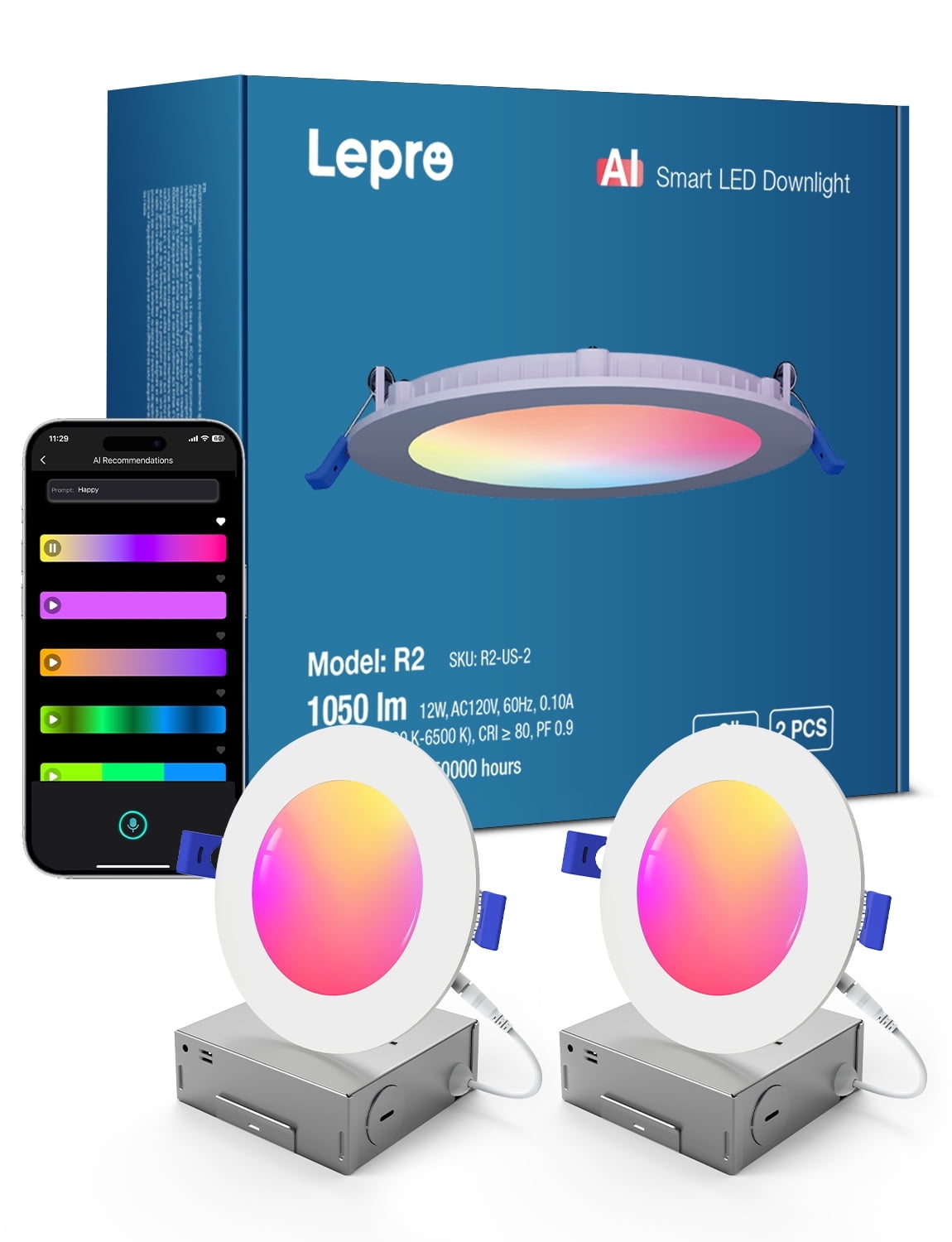 Lepro 2-Pack R2 6 inch LED Recessed Light - AI Lighting with Mood Recog ...