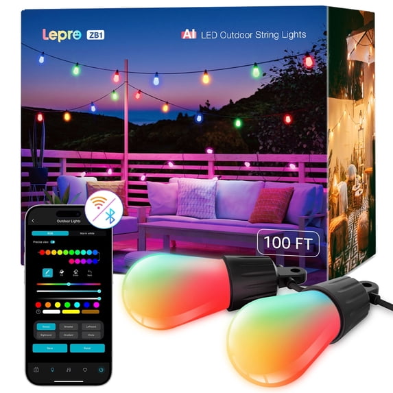 Lepro ZB1 AI Smart Outdoor String Lights, 100ft RGB+IC, Warm White 30 ...
